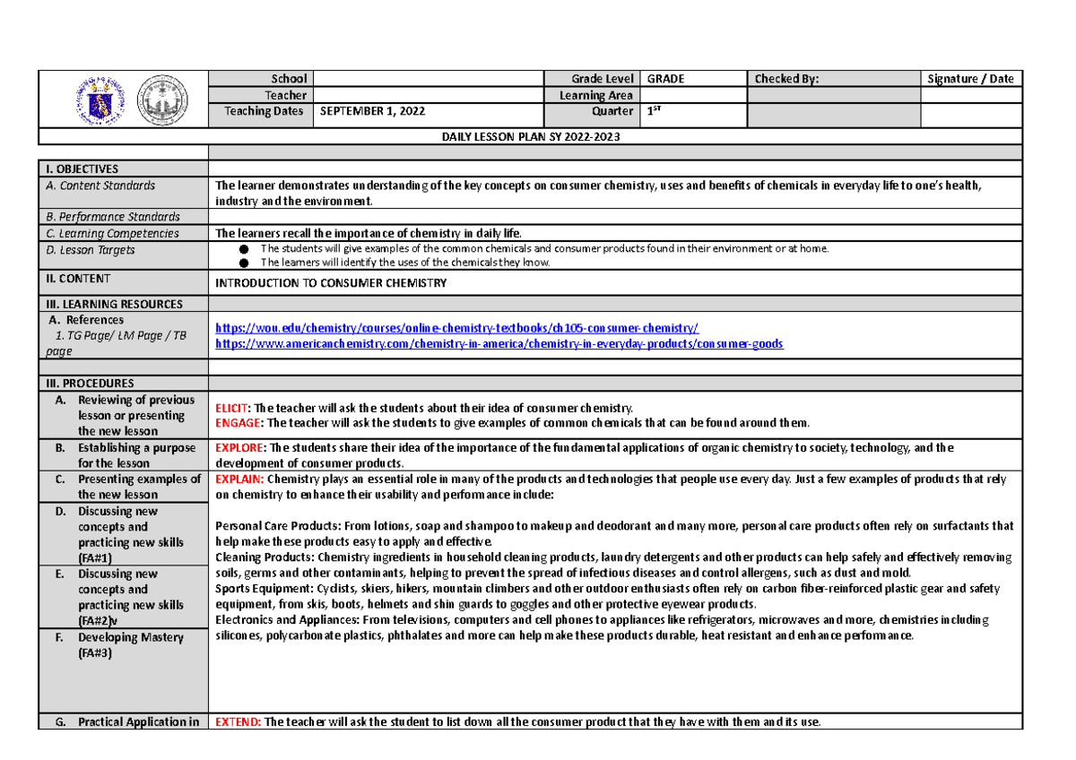 DLP Conchem Q1W2 D2 - Consumer Chemistry Lesson Plan - Studocu