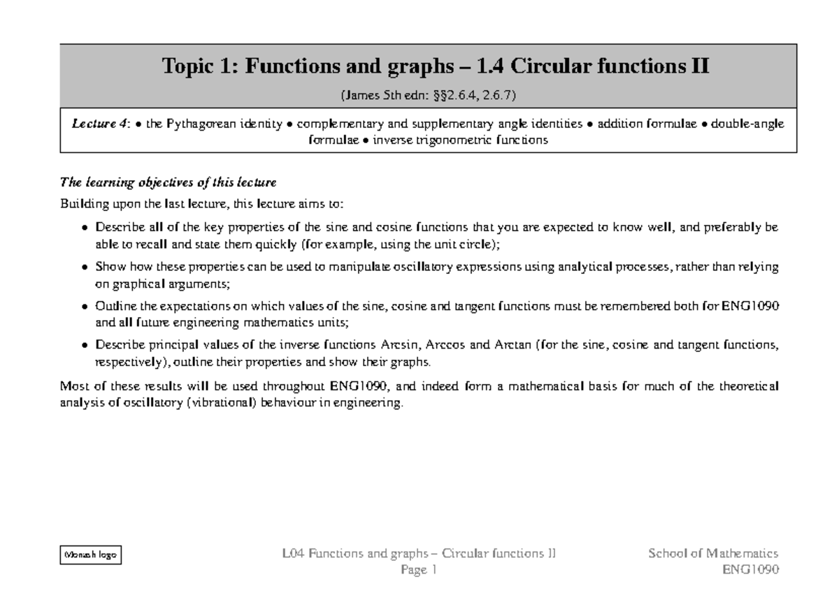 ENG1090 Lecture 4: Circular Functions II & Trigonometric Identities ...