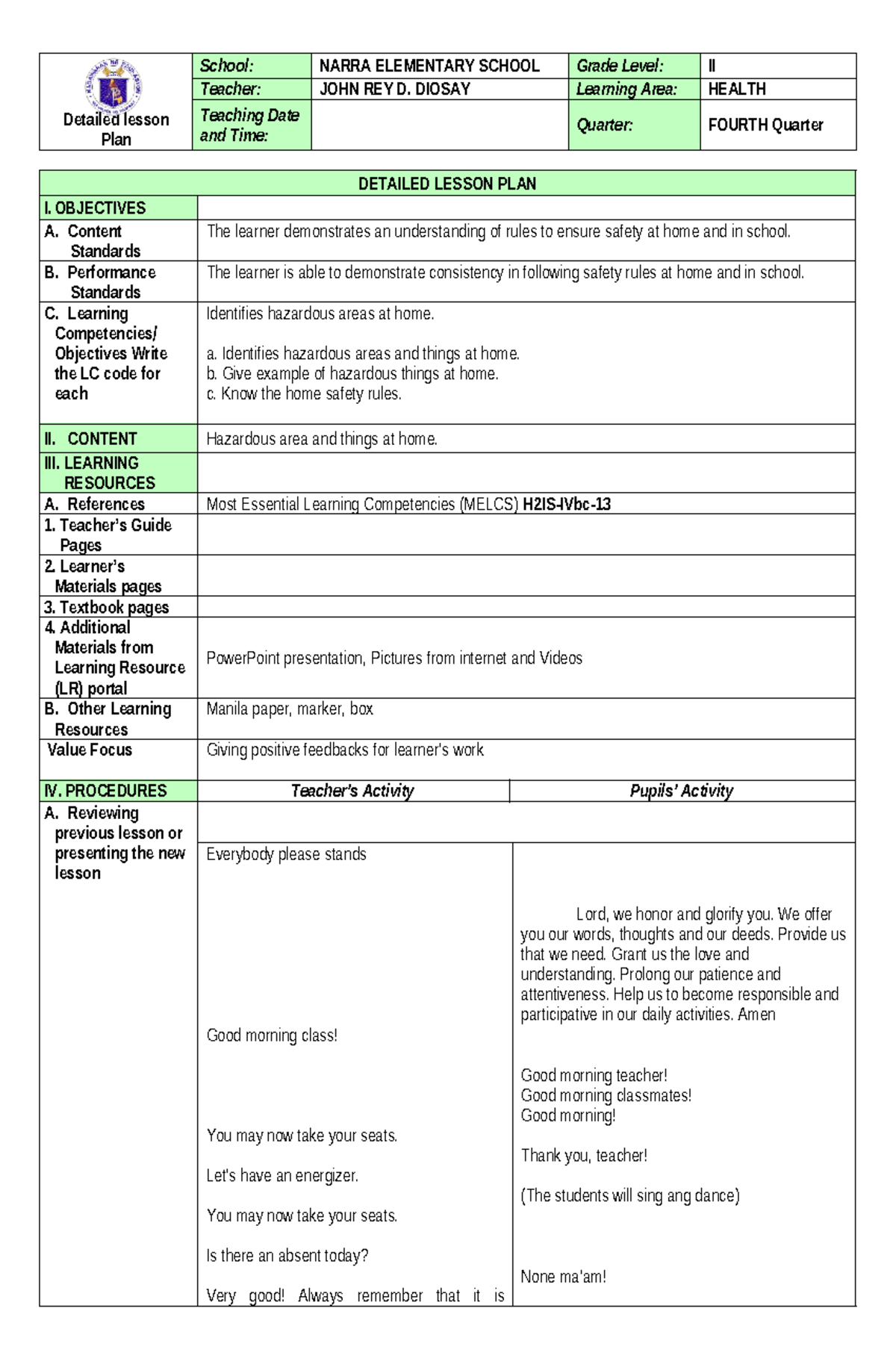 Lesson Plan: Identifying Hazardous Areas in Health (Grade II, 4TH Qtr ...