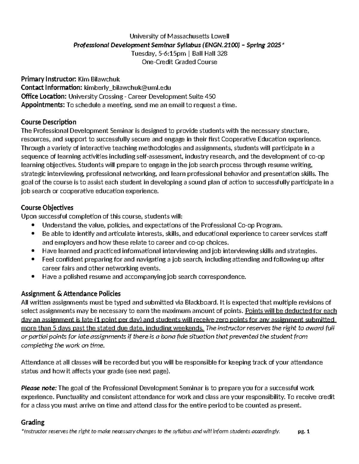 SP25 PDS Syllabus Kim Bilawchuk - University of Massachusetts Lowell ...