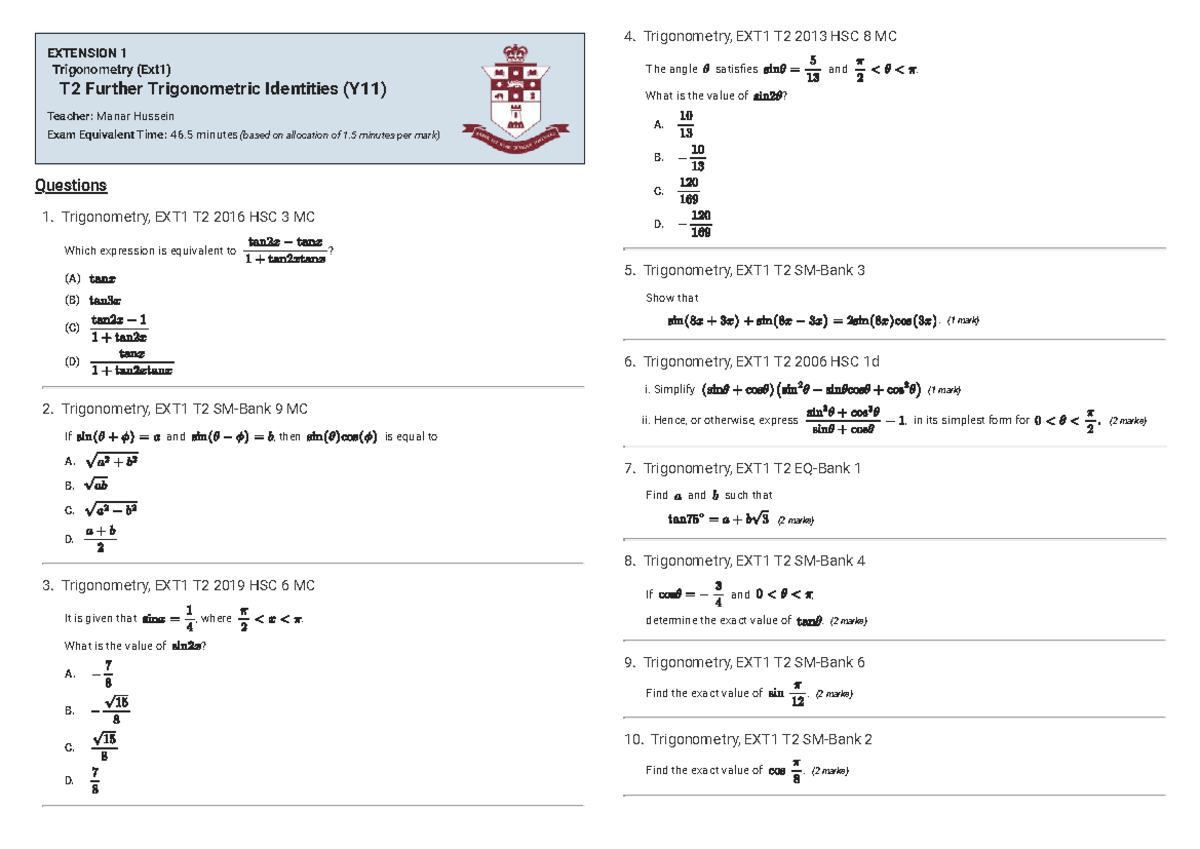 Further Trigonometry HSC Questions, EXT1 T2 2013-2021 - Studocu