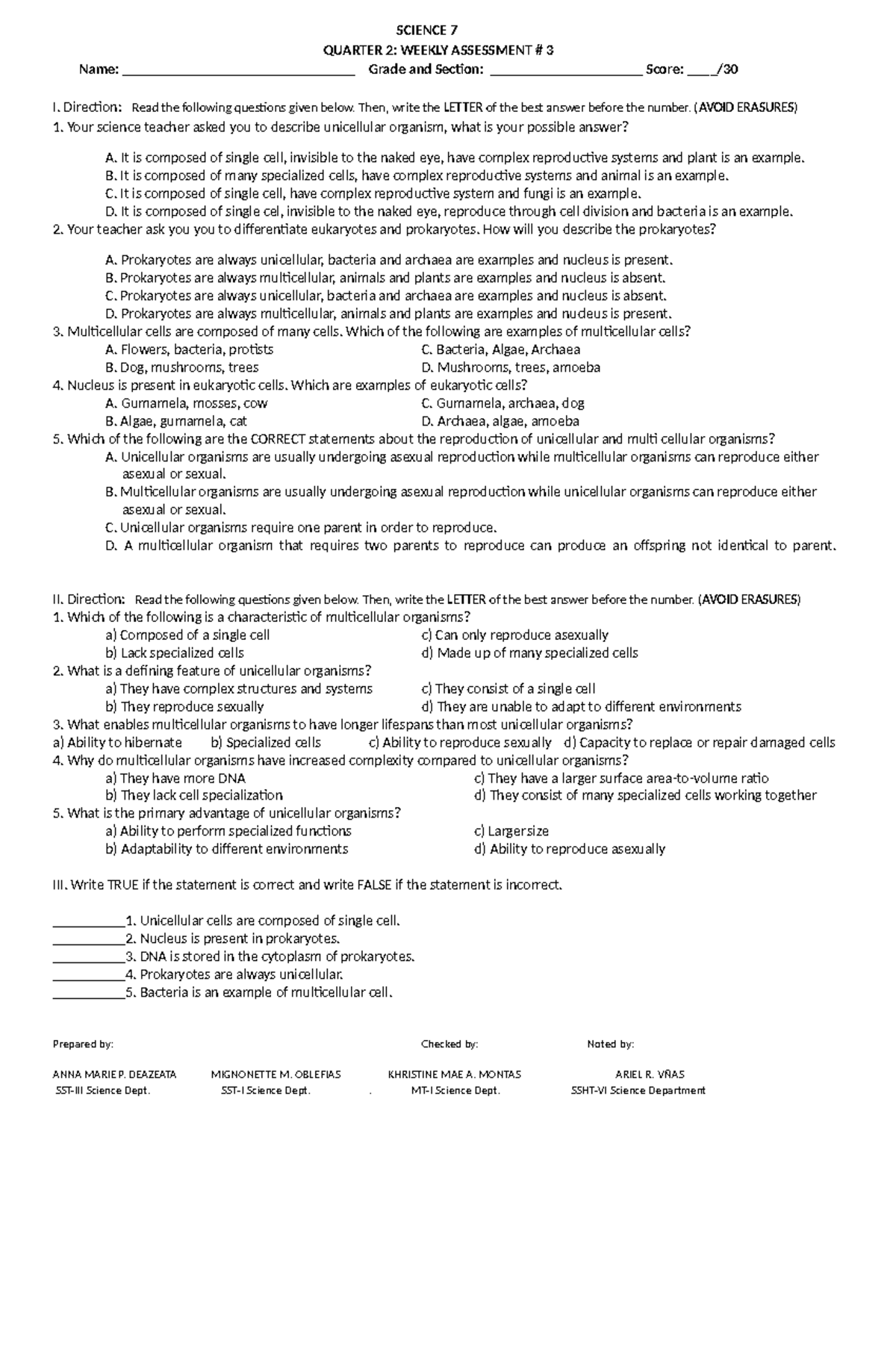 G7 SCIENCE Q2 W3: Weekly Assessment on Unicellular & Multicellular ...