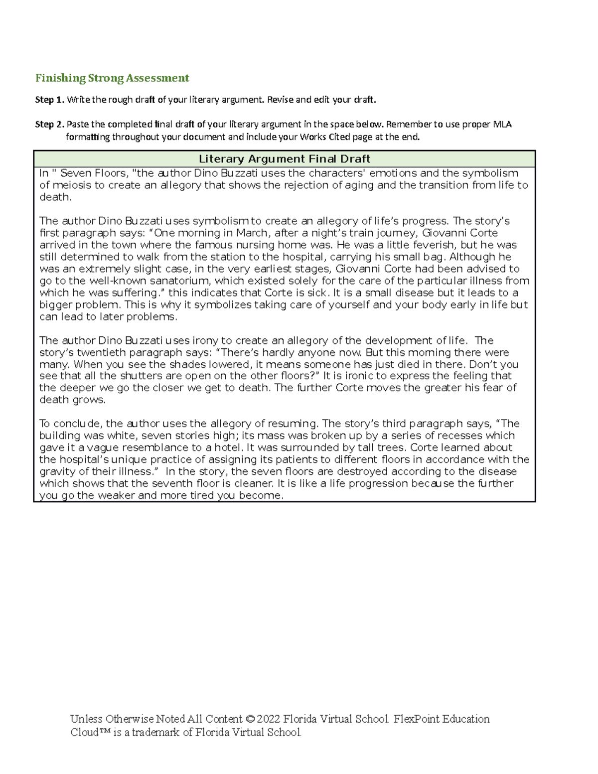 ENG 201: Finishing Strong Literary Argument Assessment Rubric - Studocu