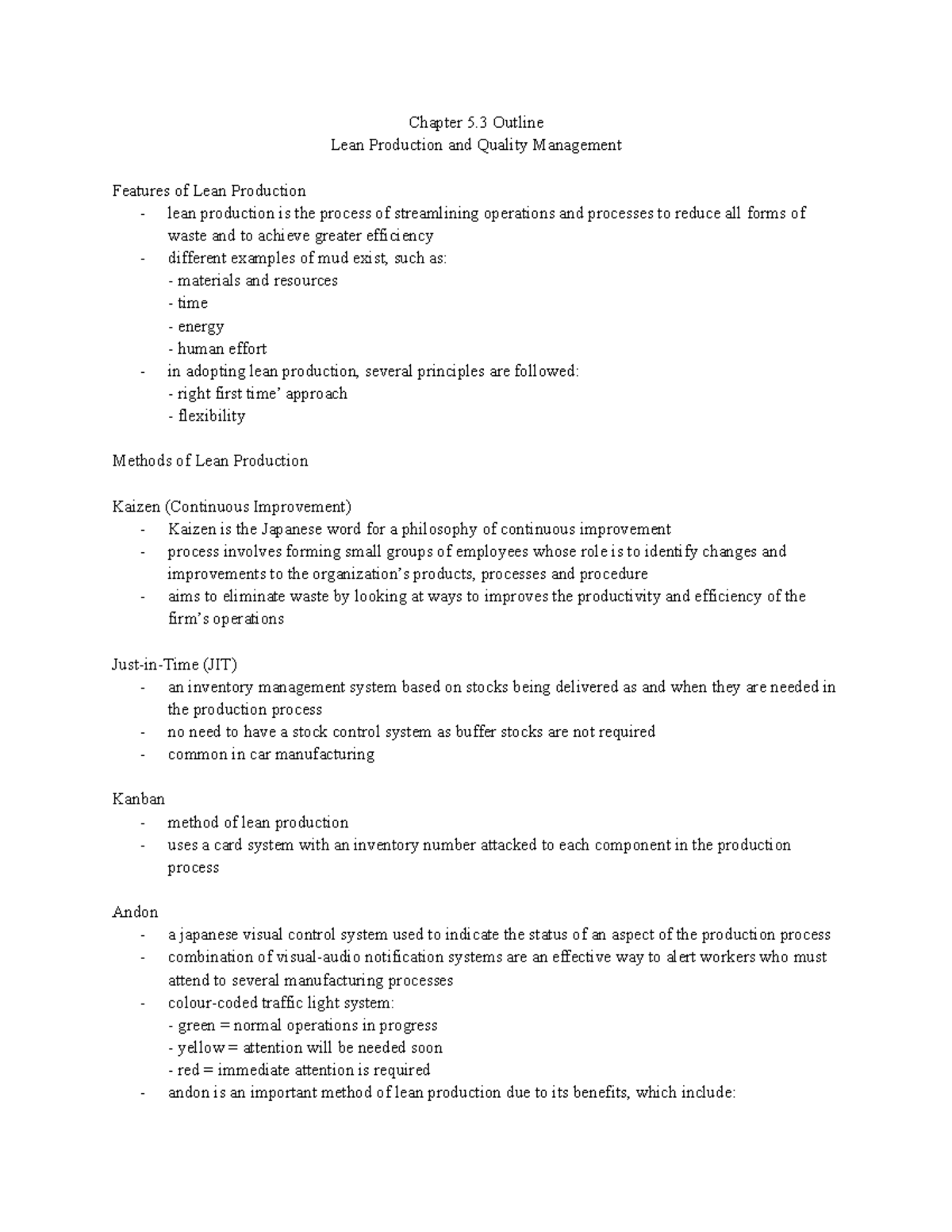 IB Business Management Chapter 5: Lean Production & Quality Mgt ...