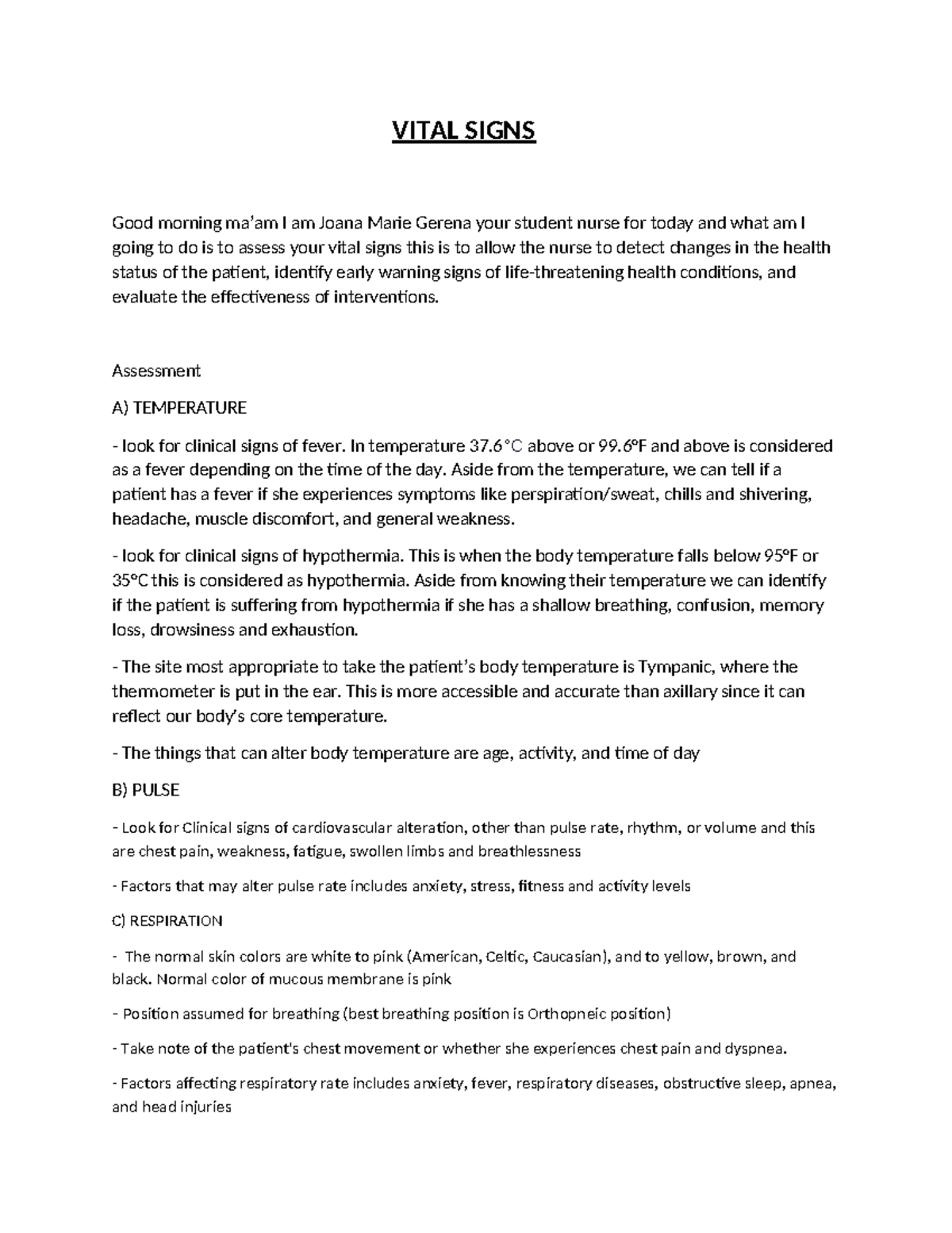 Vital Signs Assessment Procedure - Nursing (retdem) - Studocu