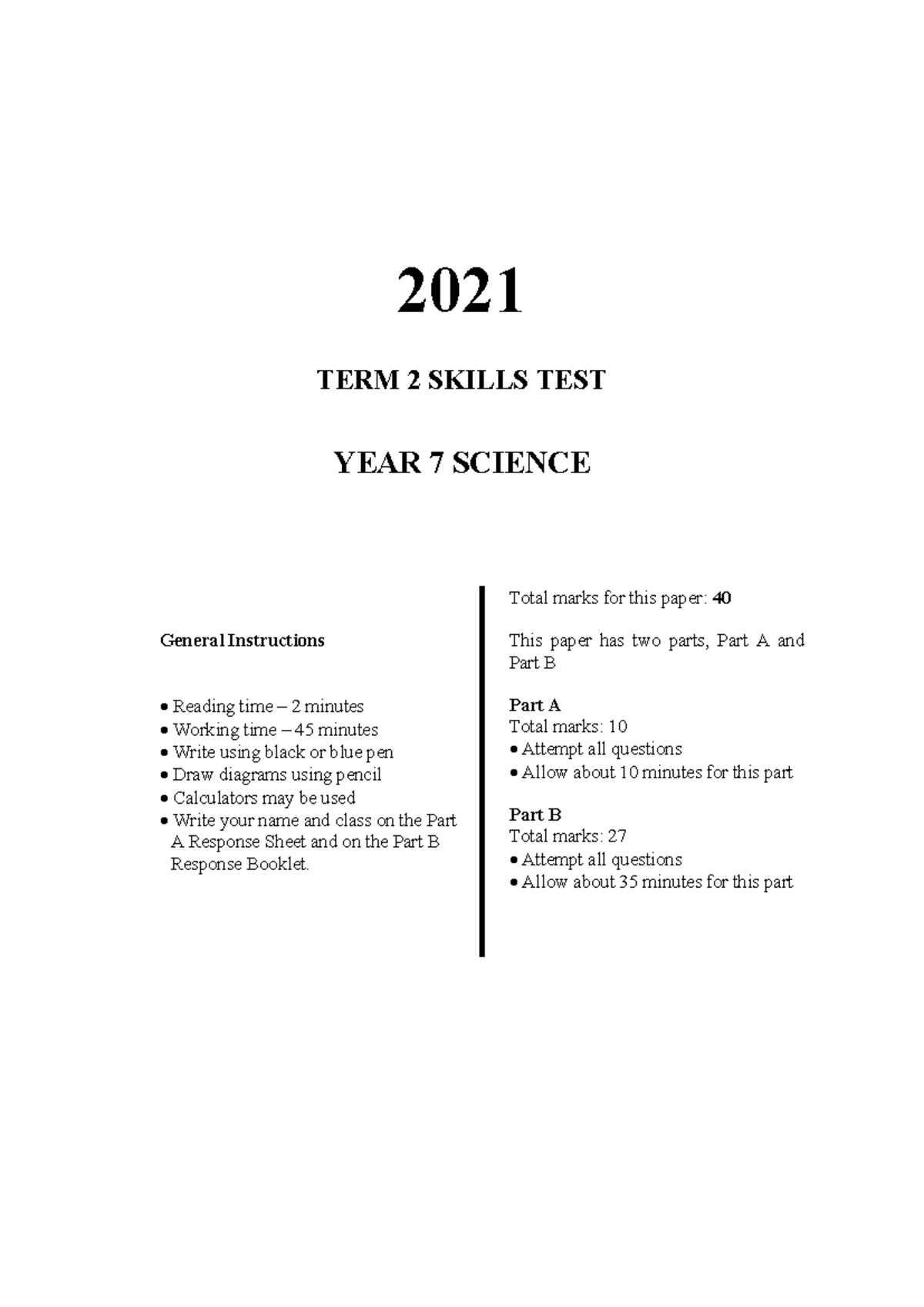 Year 7 Science Term 2 Skills Test 2021 - Examination Paper - Studocu