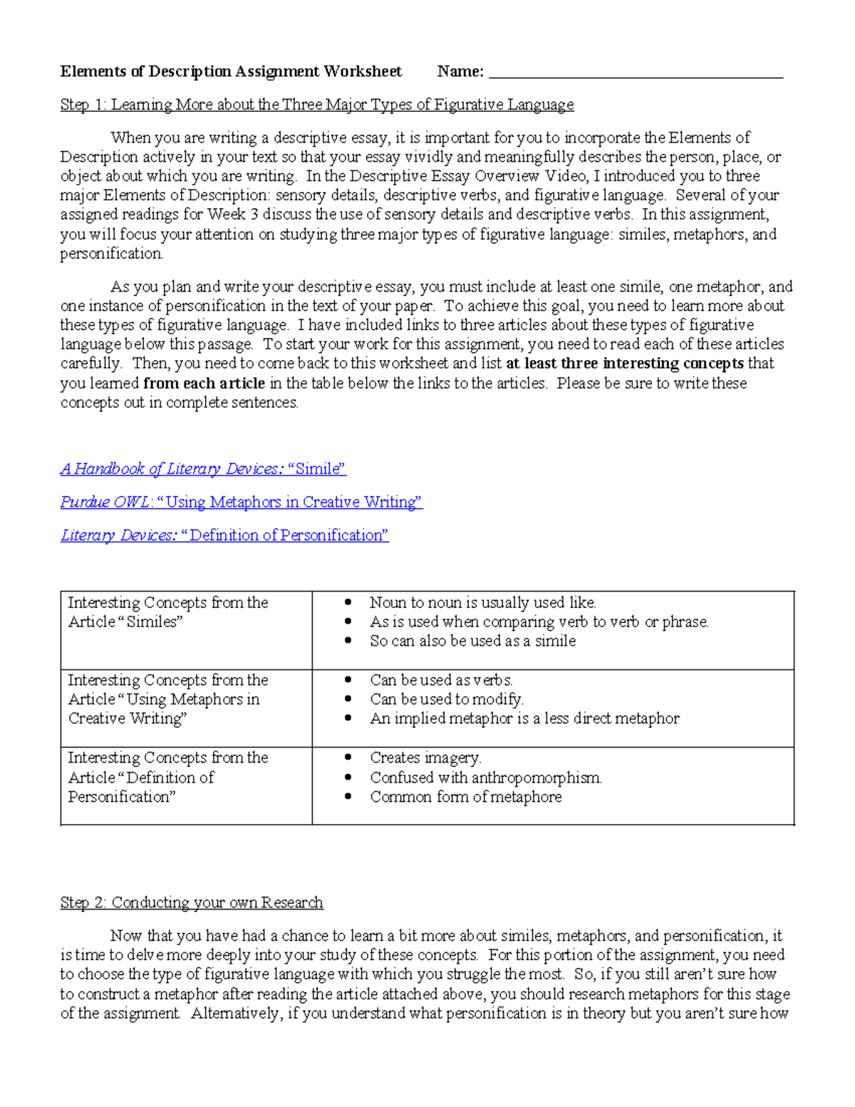 Vedder M: Elements of Description Assignment Worksheet - Studocu