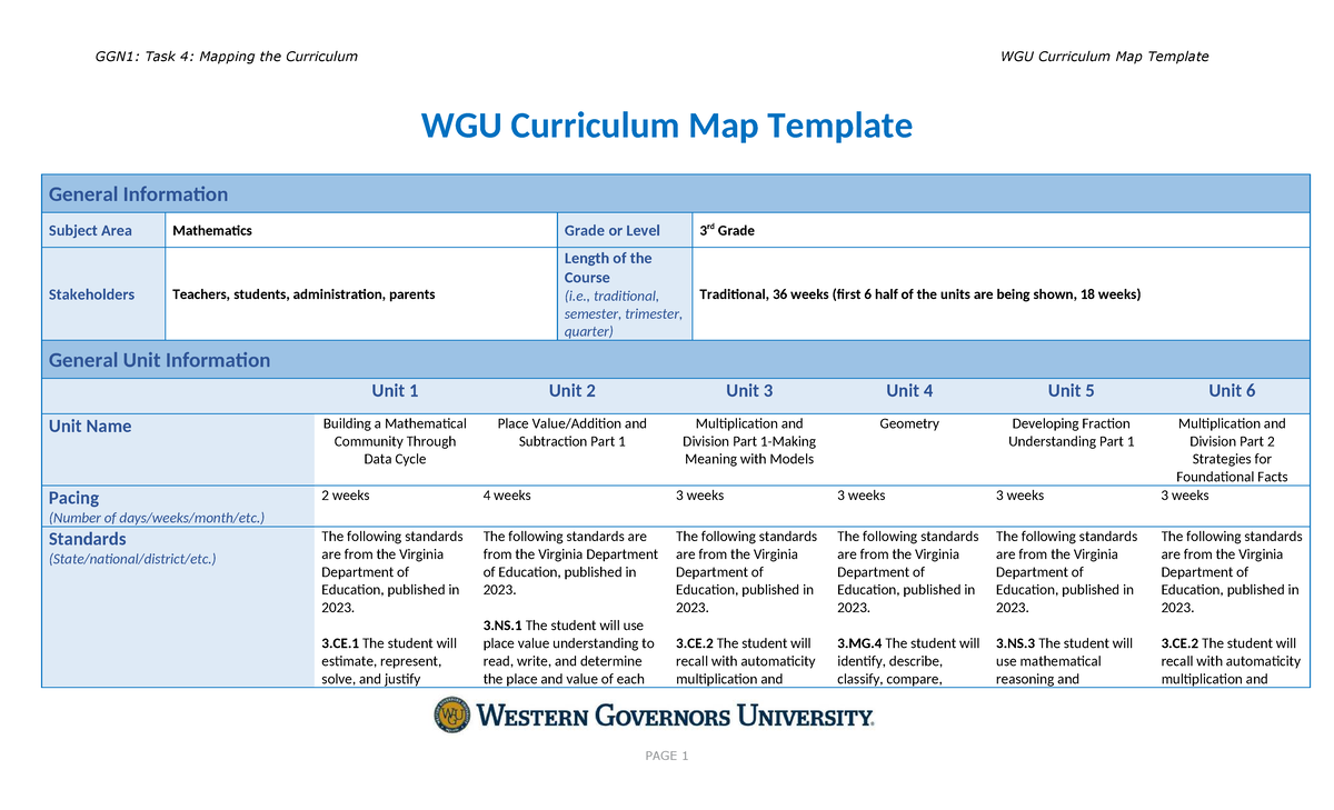 WGU D630 Mathematics Curriculum Map for 3rd Grade Education - Studocu
