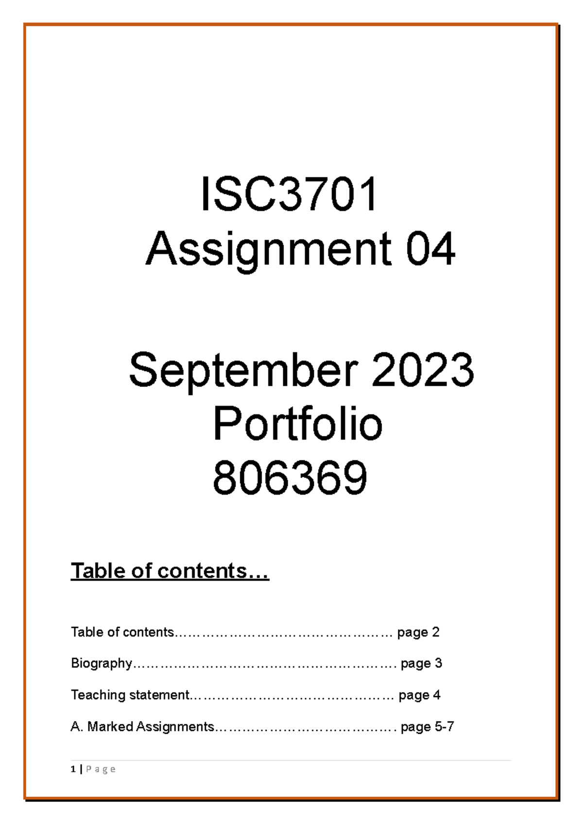 ISC3701 - Reflective Teaching Portfolio Assignment - September 2023 - Studocu
