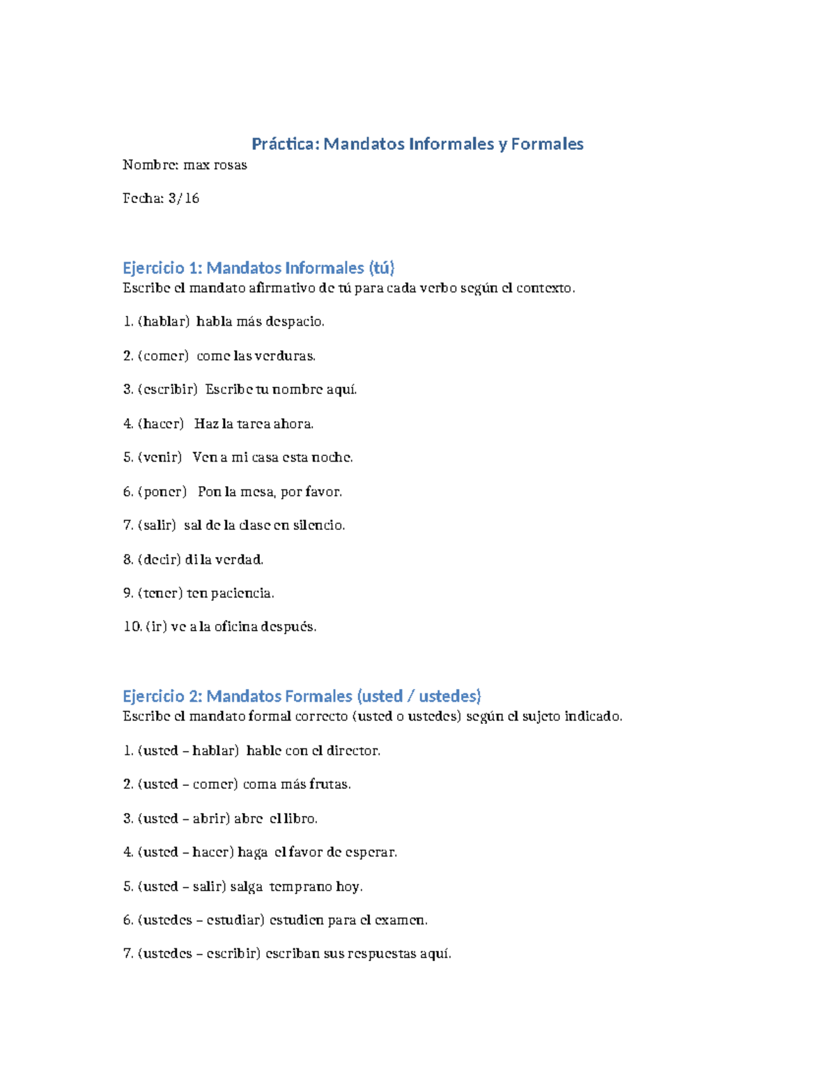 Práctica: Mandatos Informales y Formales - Ejercicios 1 y 2 - Studocu