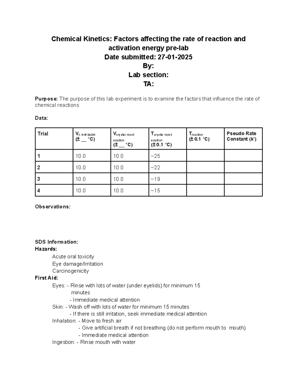 Chem Kinetics Lab: Factors Influencing Reaction Rates (Kin Pre Lab ...