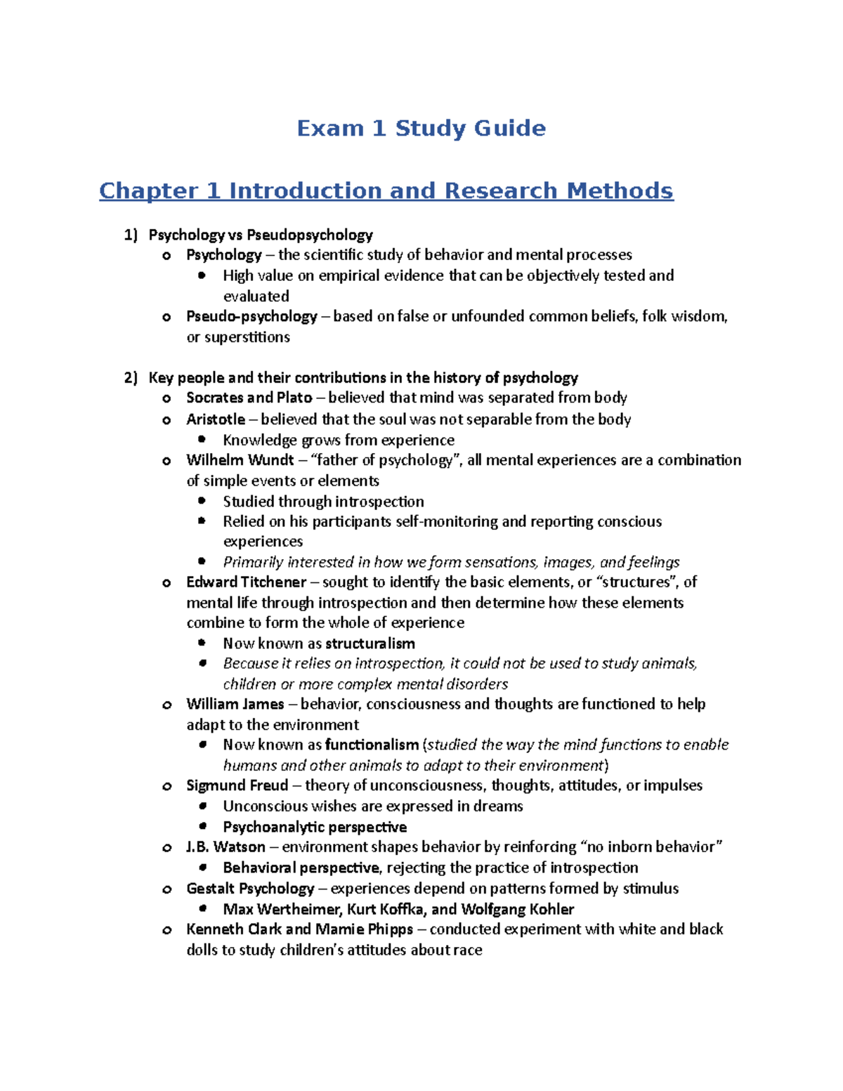 Psychology Exam 1 Study Guide Chapter 1, 2, 3, and 4 - Exam 1 Study Guide Chapter 1 Introduction ...