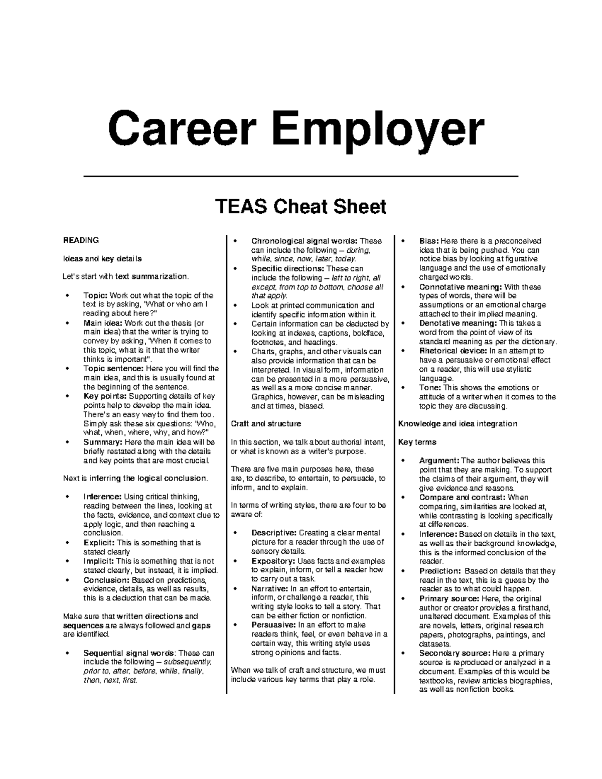 TEAS 7 Cheat Sheet: Key Concepts for Reading and Math - Studocu