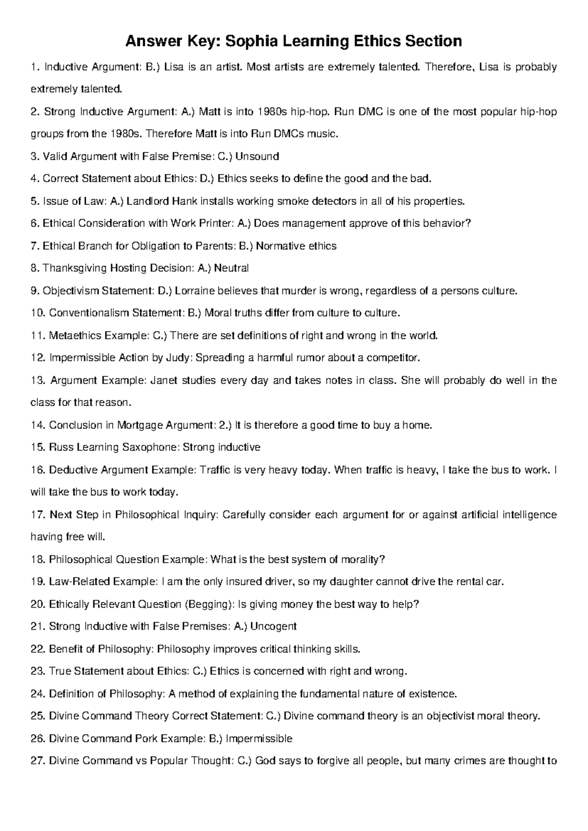 Sophia Learning Ethics Answer Key Inductive Deductive Arguments