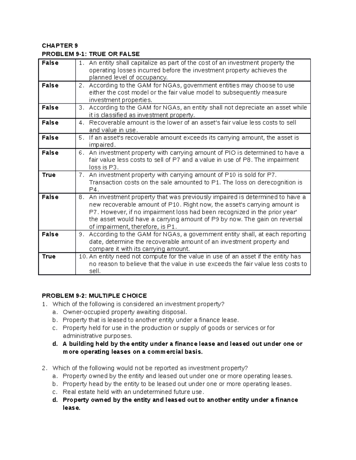 Agnpo CHAPTER 9-11 Answer Key: True/False & MCQ Solutions - Studocu