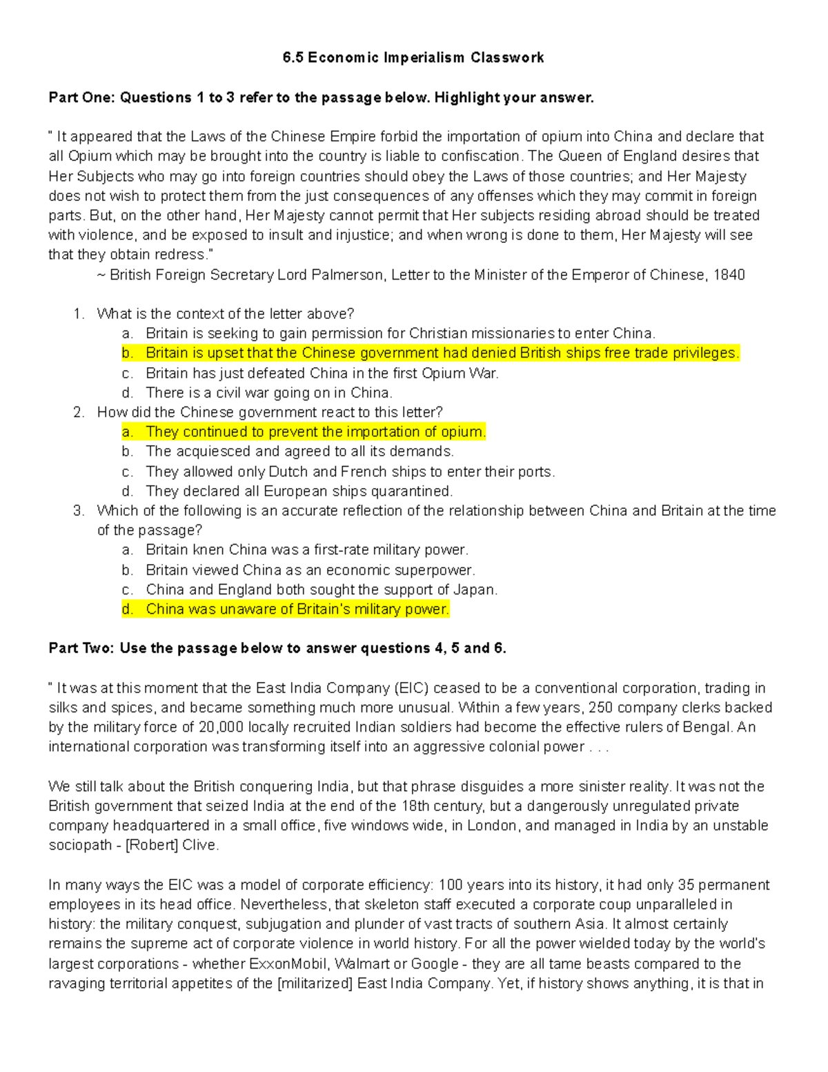 Brendan Bredemeier - 6.5 Economic Imperialism Classwork - 6 Economic ...
