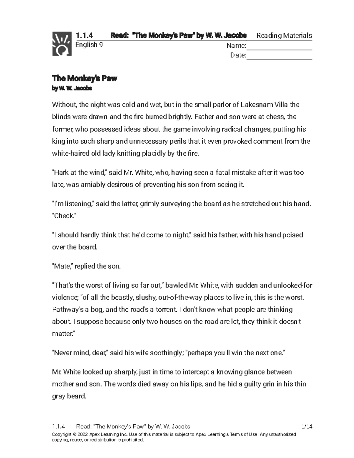 1.1.4 Read - The Monkey's Paw by W. W. Jacobs (Reading materials ...