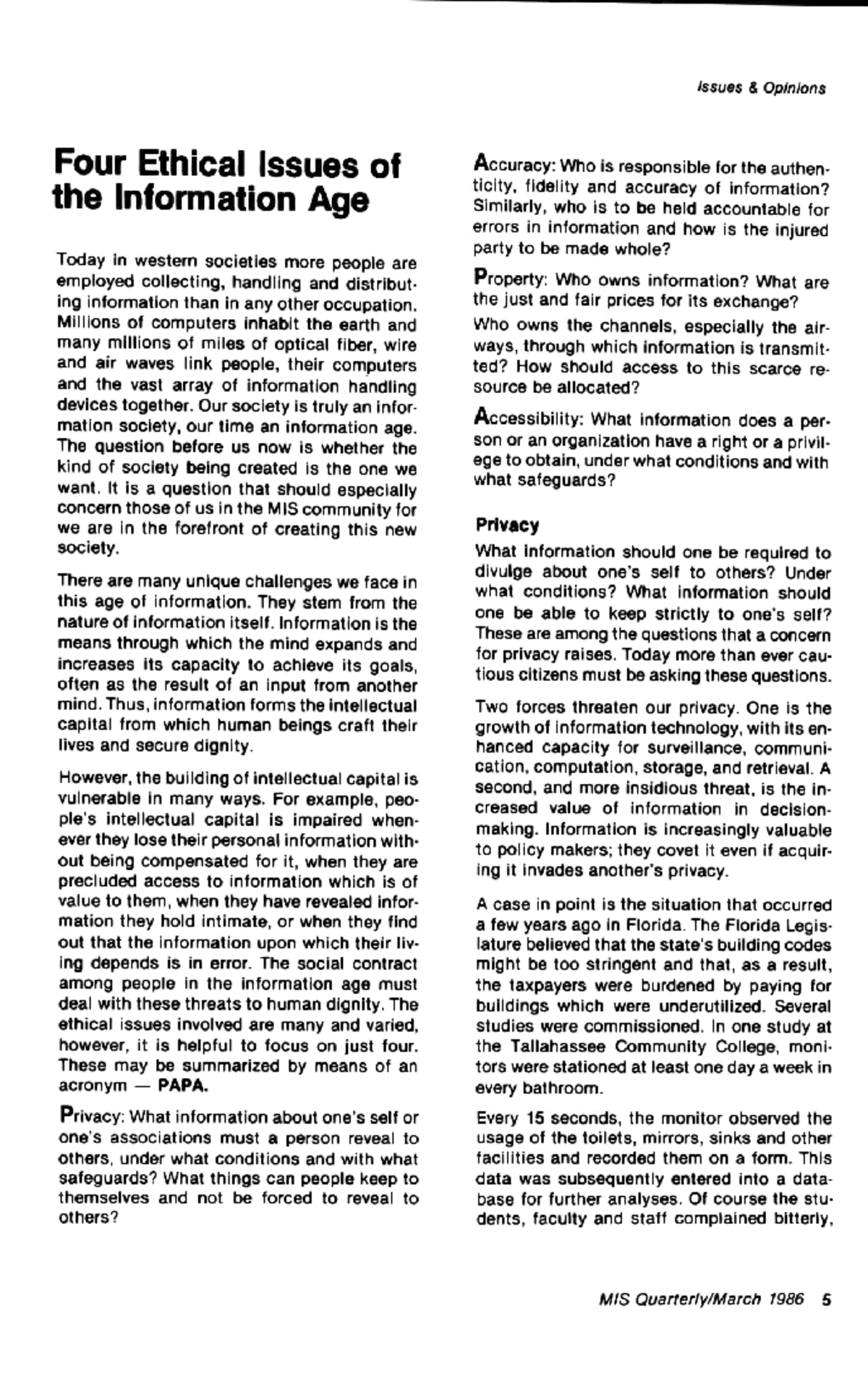 MIS 1986: Four Ethical Issues in the Information Age - Studocu