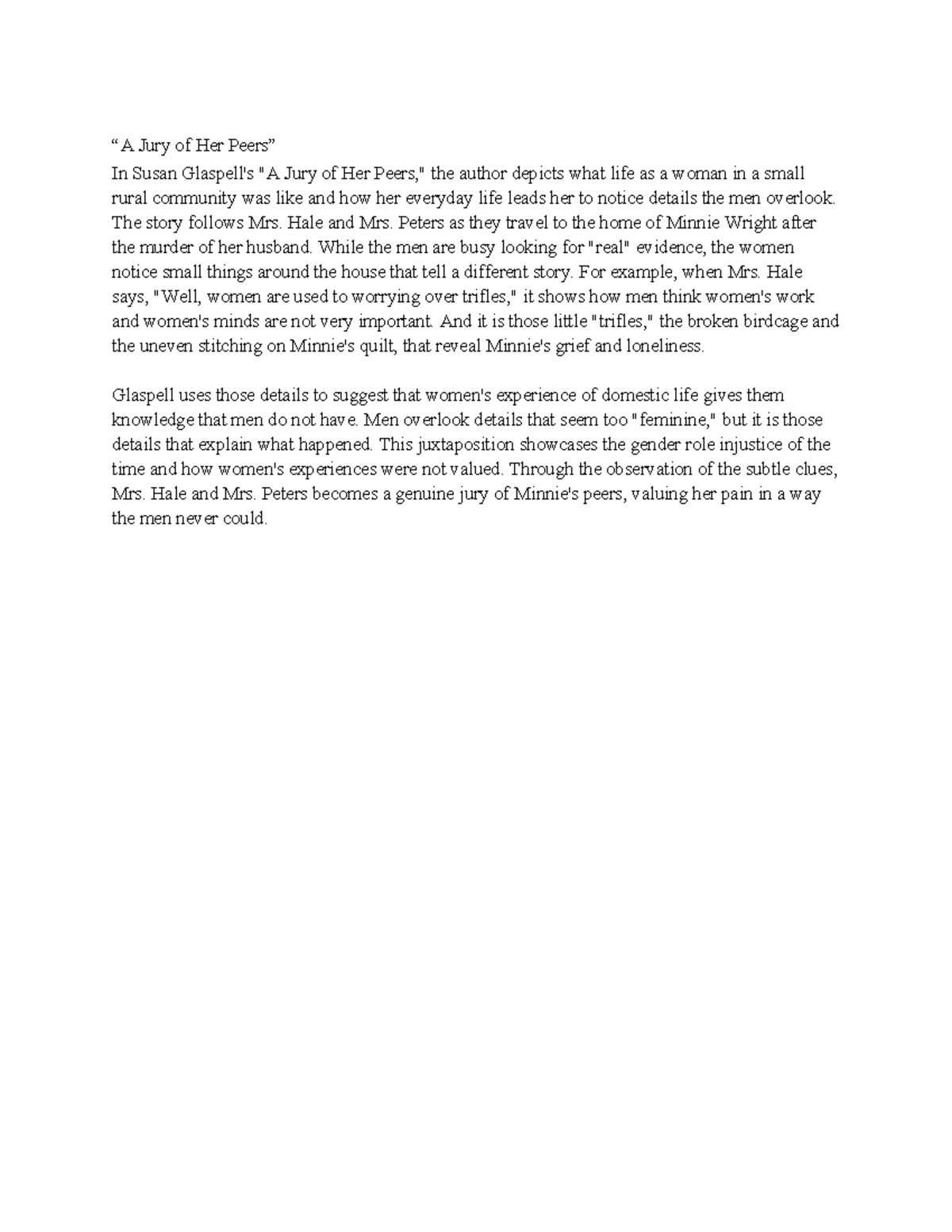 ENG 101: Reading Check 5 - Analyzing Gender Roles in "Jury of Her Peers ...