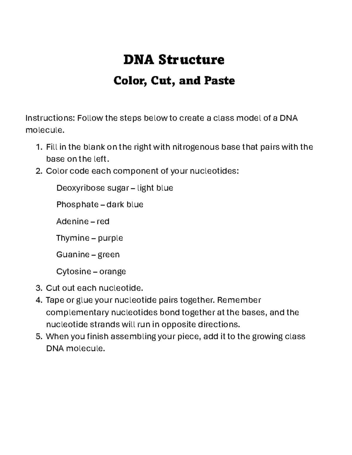 Day 1 - DNA Structure Color Cut and Paste Activity - Studocu