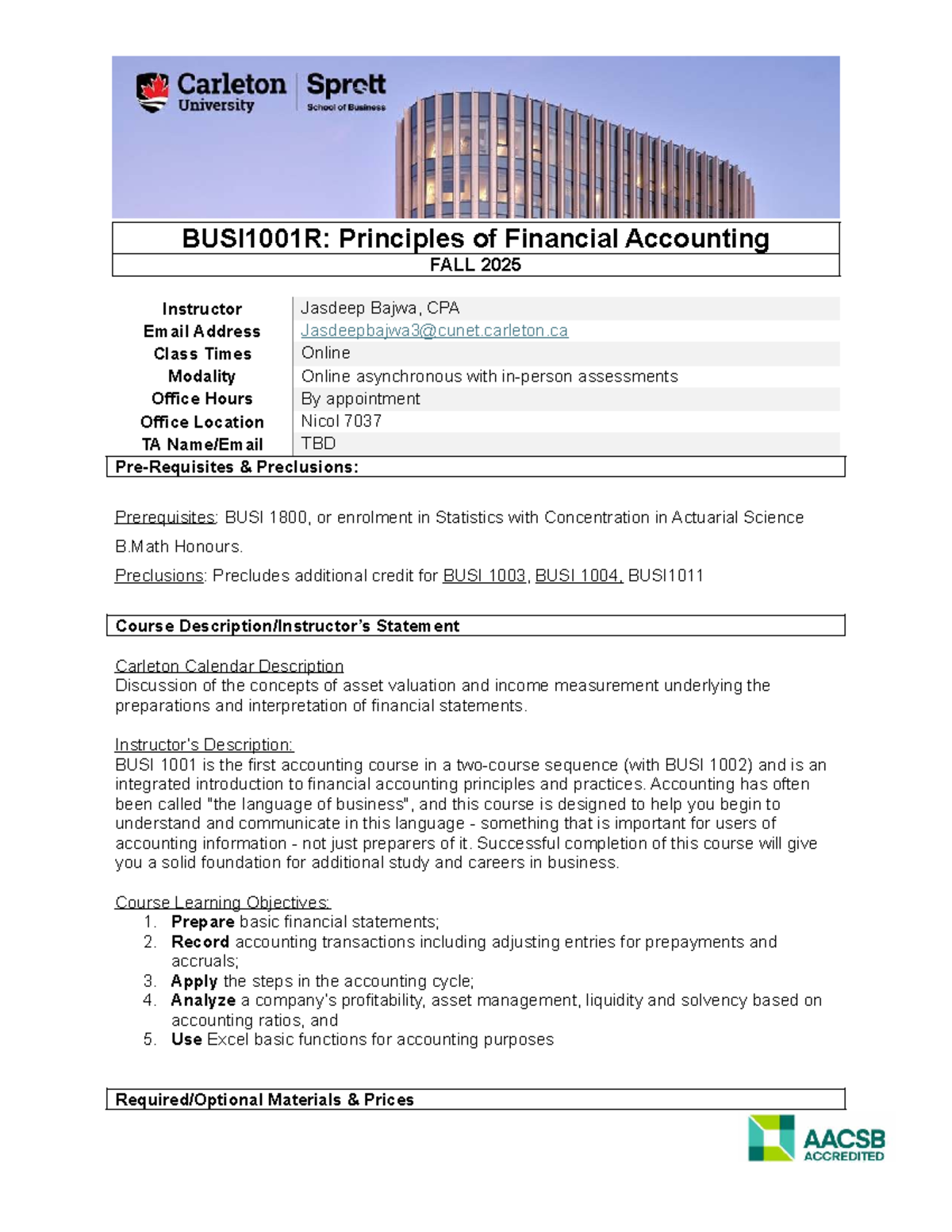 BUSI1001R: Financial Accounting Course Outline - Fall 2025 - Studocu