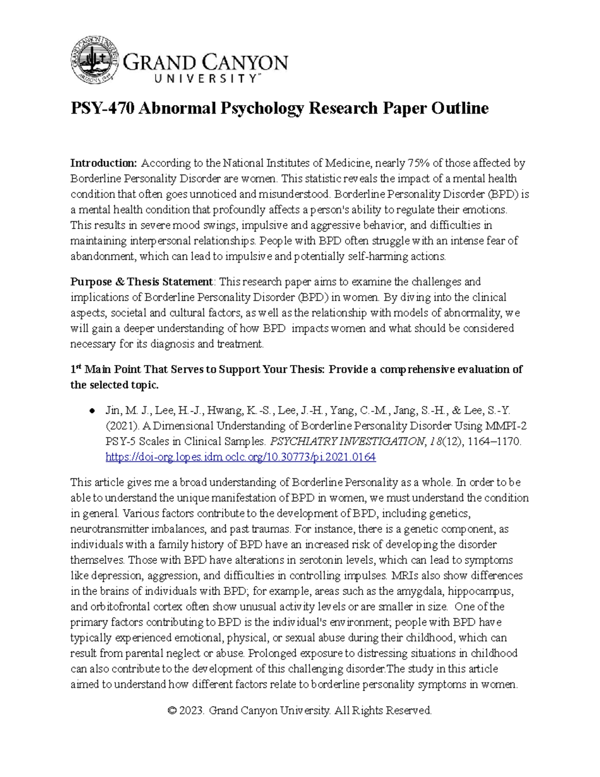 PSY-470 Research Paper Outline on Borderline Personality Disorder in ...