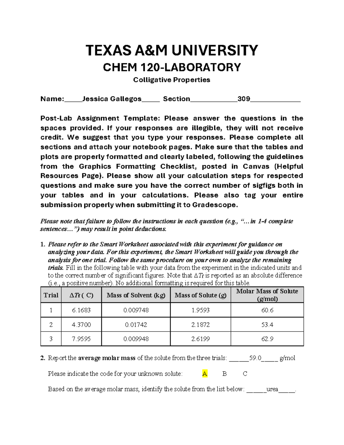 CHEM 120: Lab Report on Colligative Properties & Freezing Point ...