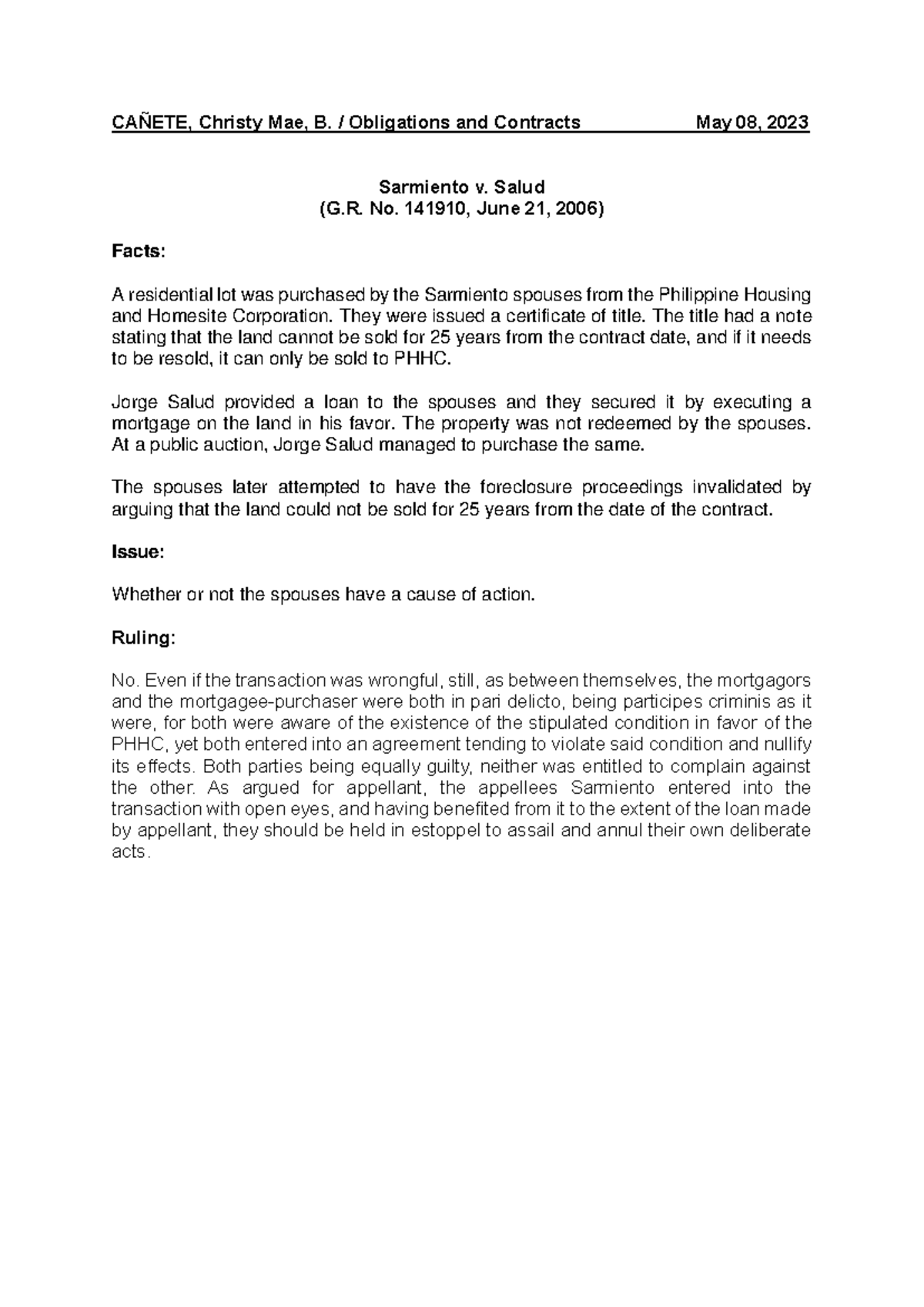 CD1 Obligations and Contracts Case Digest: Sarmiento v. Salud - Studocu