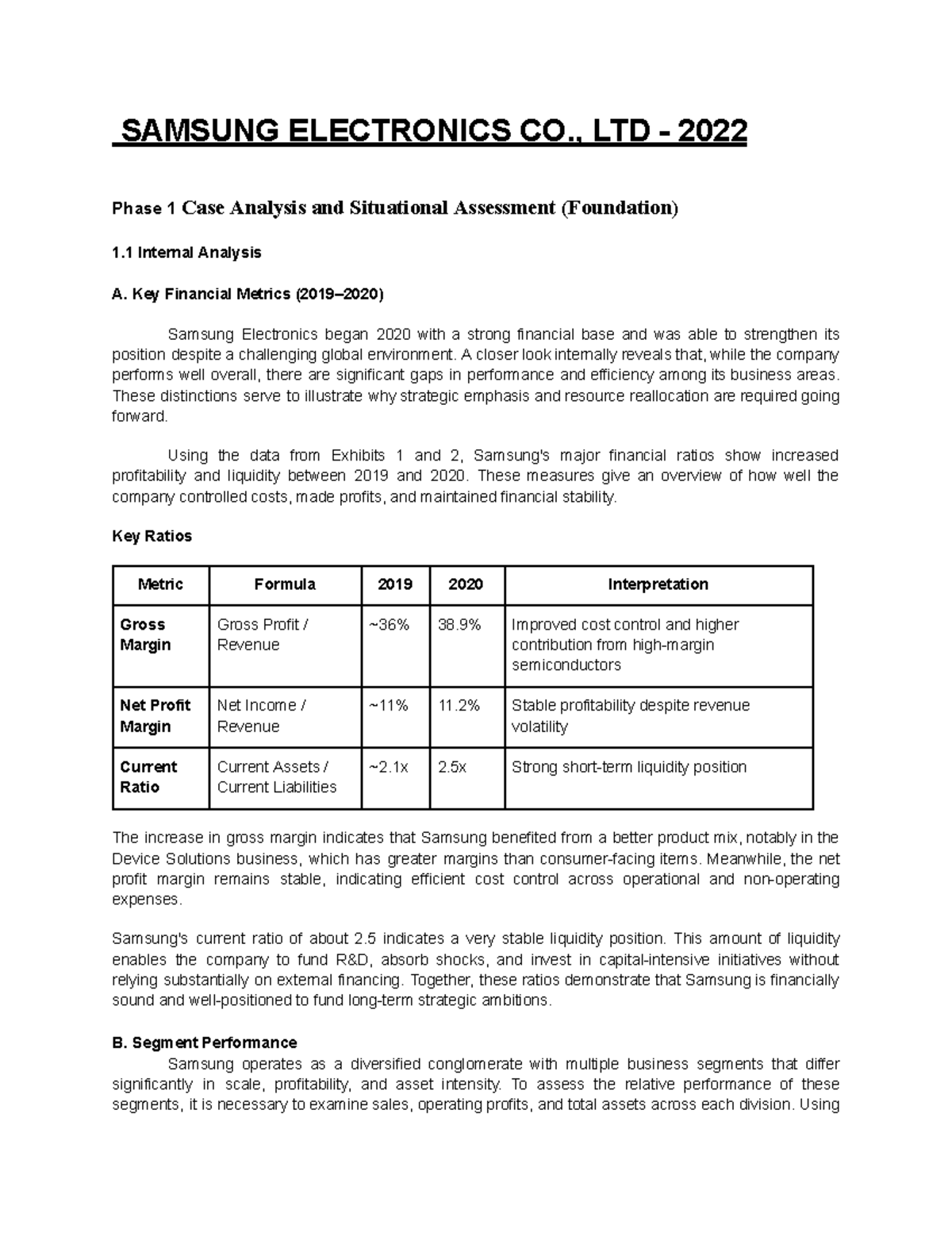 SAMSUNG ELECTRONICS CO., LTD 2022 Phase 1 Case Study: Financial & Strategic - Studocu