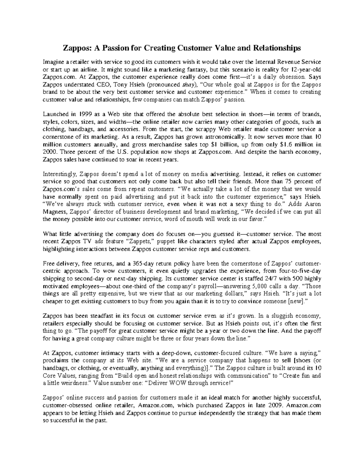 Zappos- A Passion for Creating Customer Value and Relationships - It ...