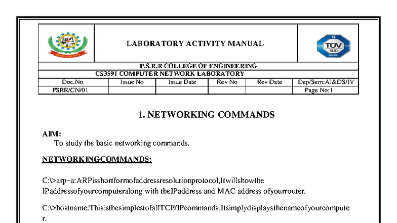 CS3591 Computer Network Lab Manual: Networking Commands ...