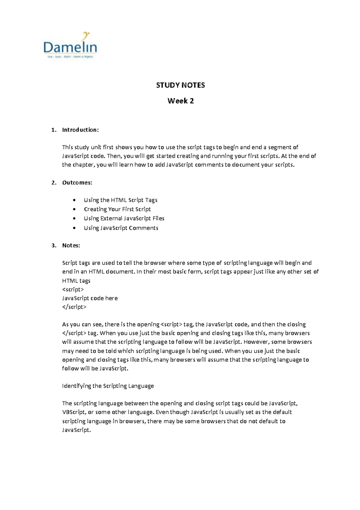 Dip IT WDP220 Week2 Study Notes - STUDY NOTES Week 2 1. Introduction ...