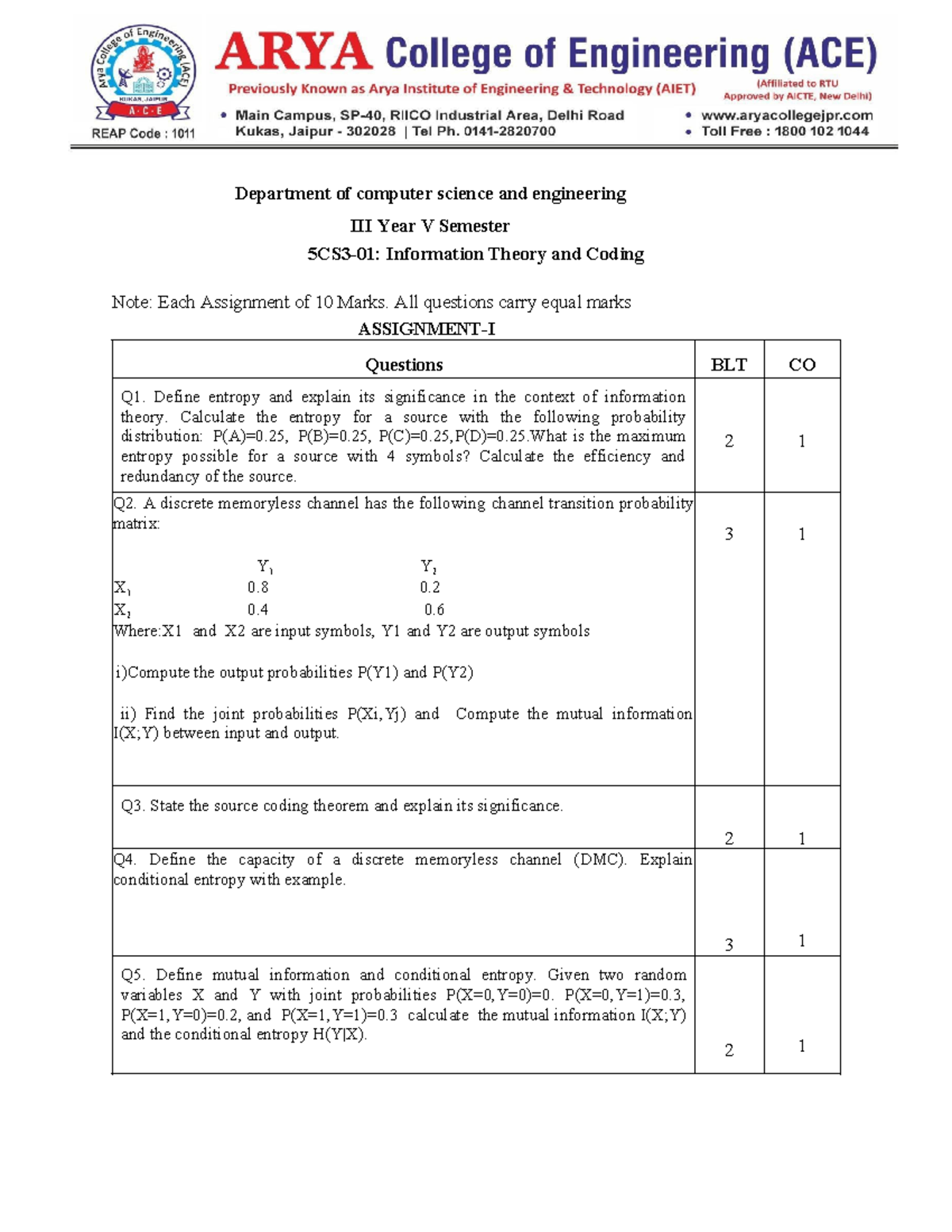CSE Year V Sem: Info Theory & Coding Assignment 1 Notes - Studocu