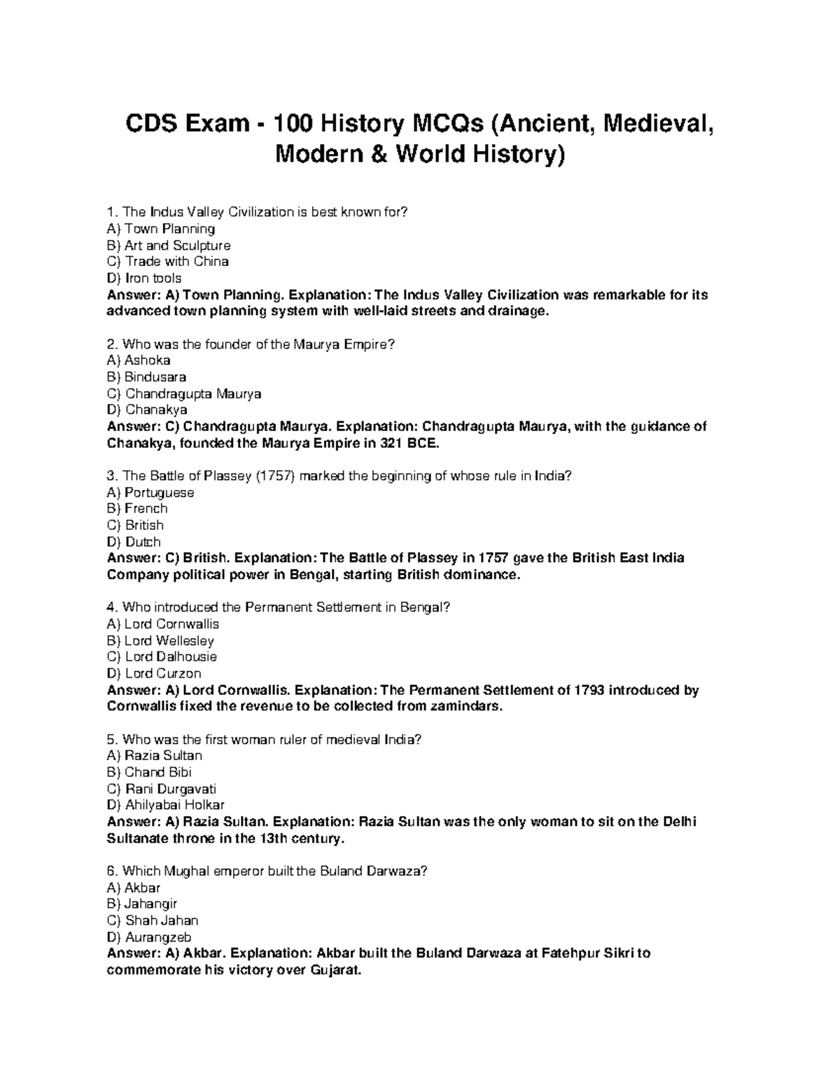 CDS Exam 100 History MCQs: Ancient to Modern Insights - Studocu