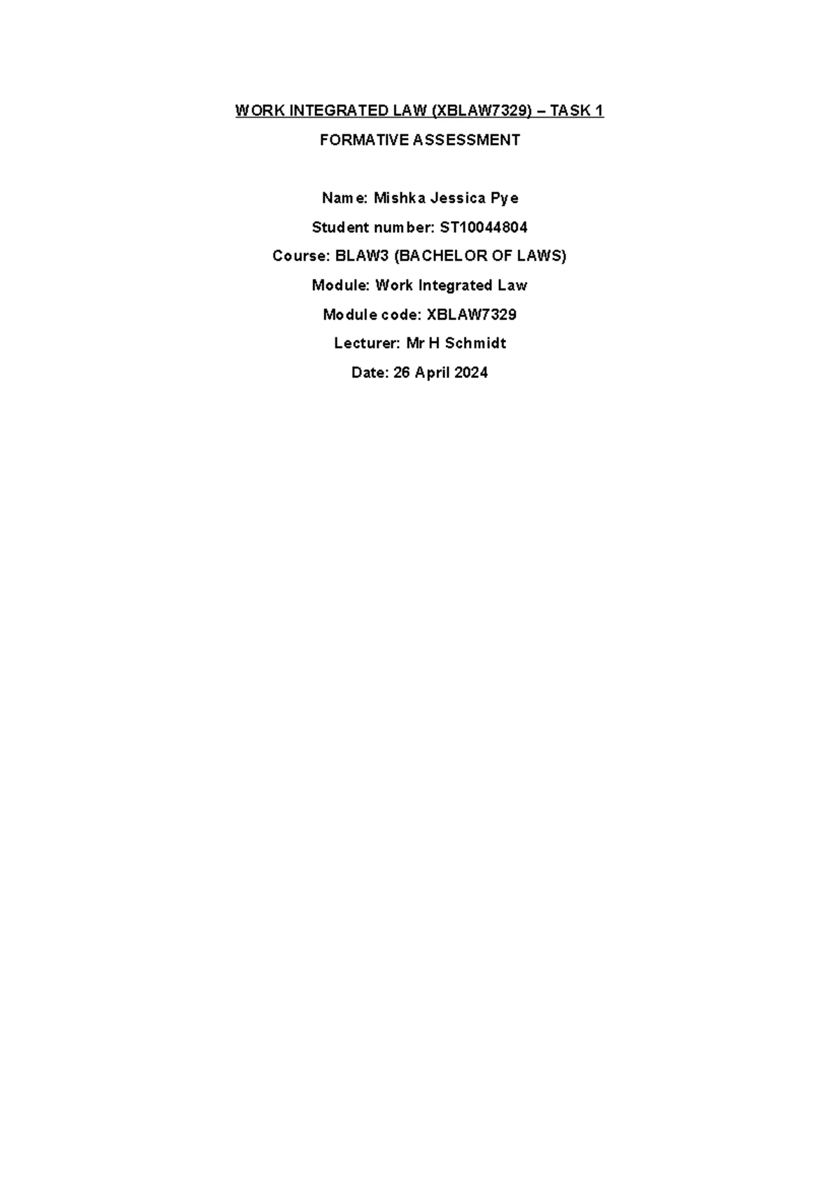 Defence of automatism - Summary Work Integrated learning - WORK ...