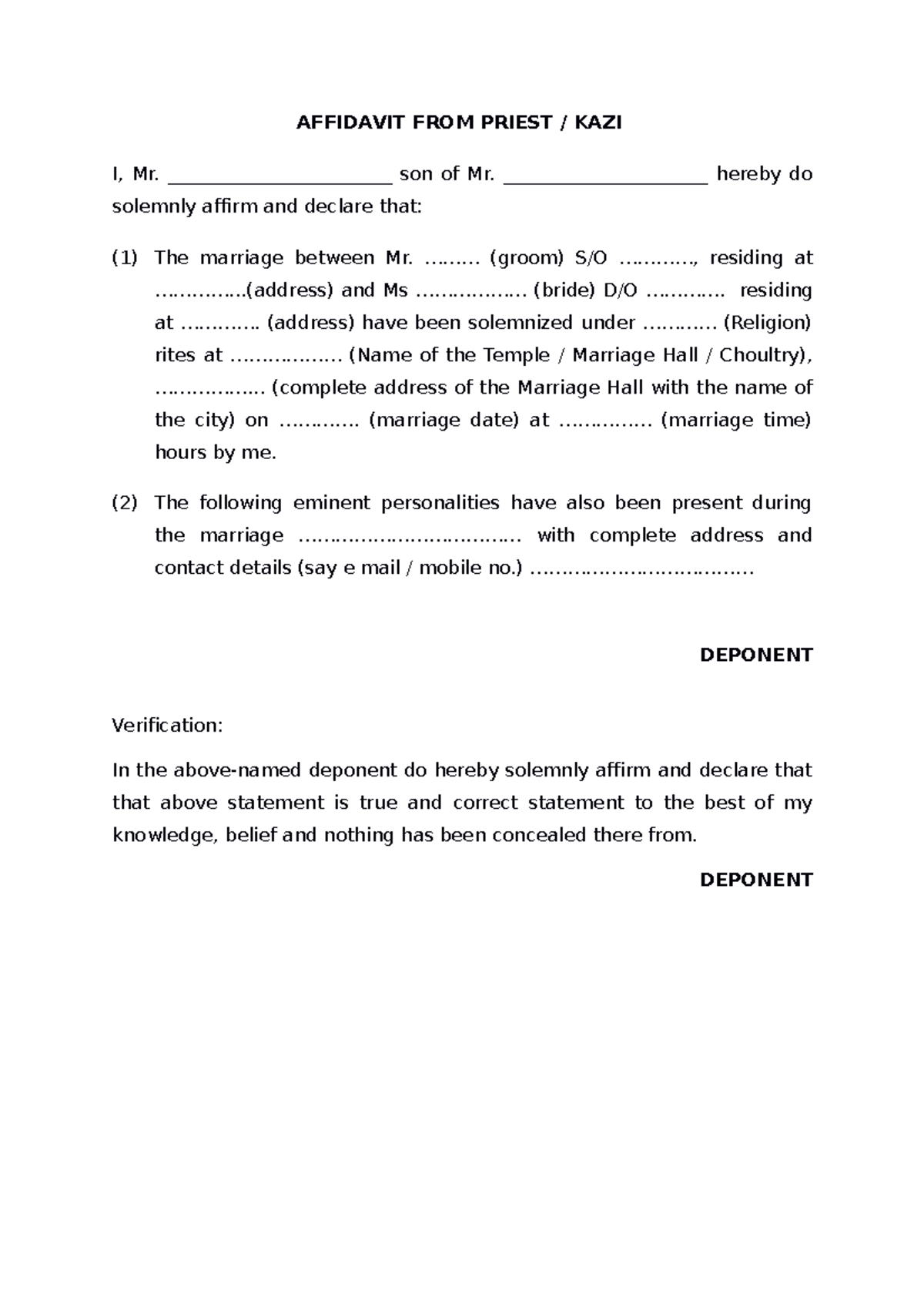 Affidavit from Priest for Marriage Confirmation - Studocu