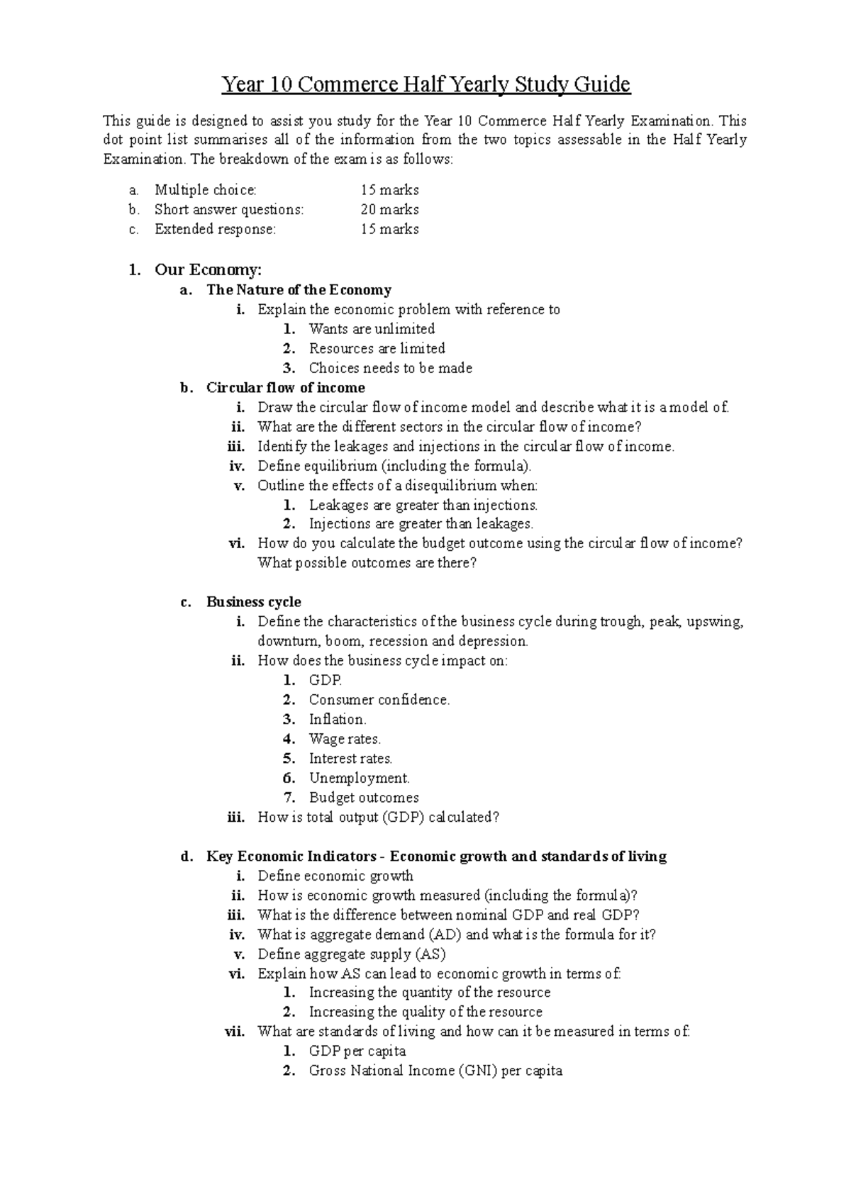 Year 10 Commerce Half-Yearly Exam Study Guide - Studocu