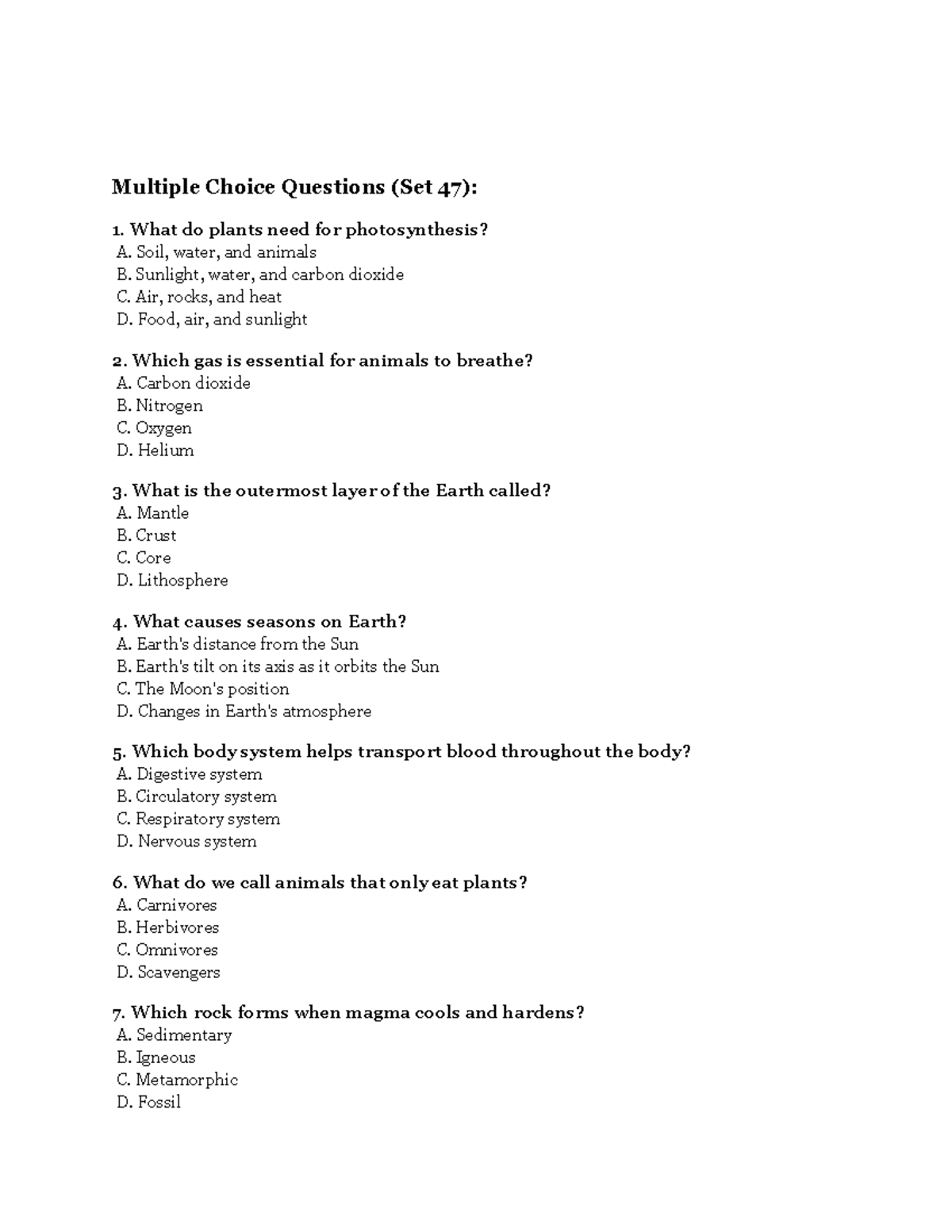 Multiple Choice Questions (Set 47) - Plants & Animals Adaptations - Studocu