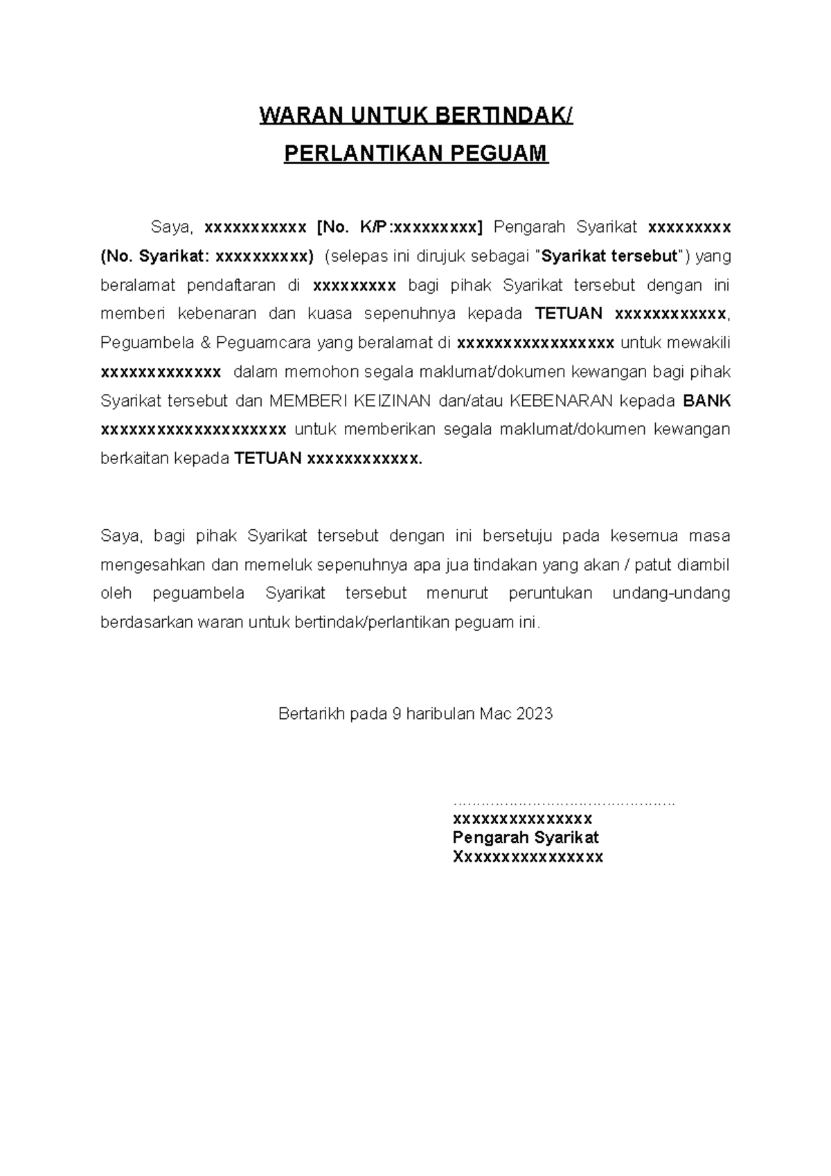 Surat Perlantikan Peguam - WARAN UNTUK BERTINDAK/ PERLANTIKAN PEGUAM ...