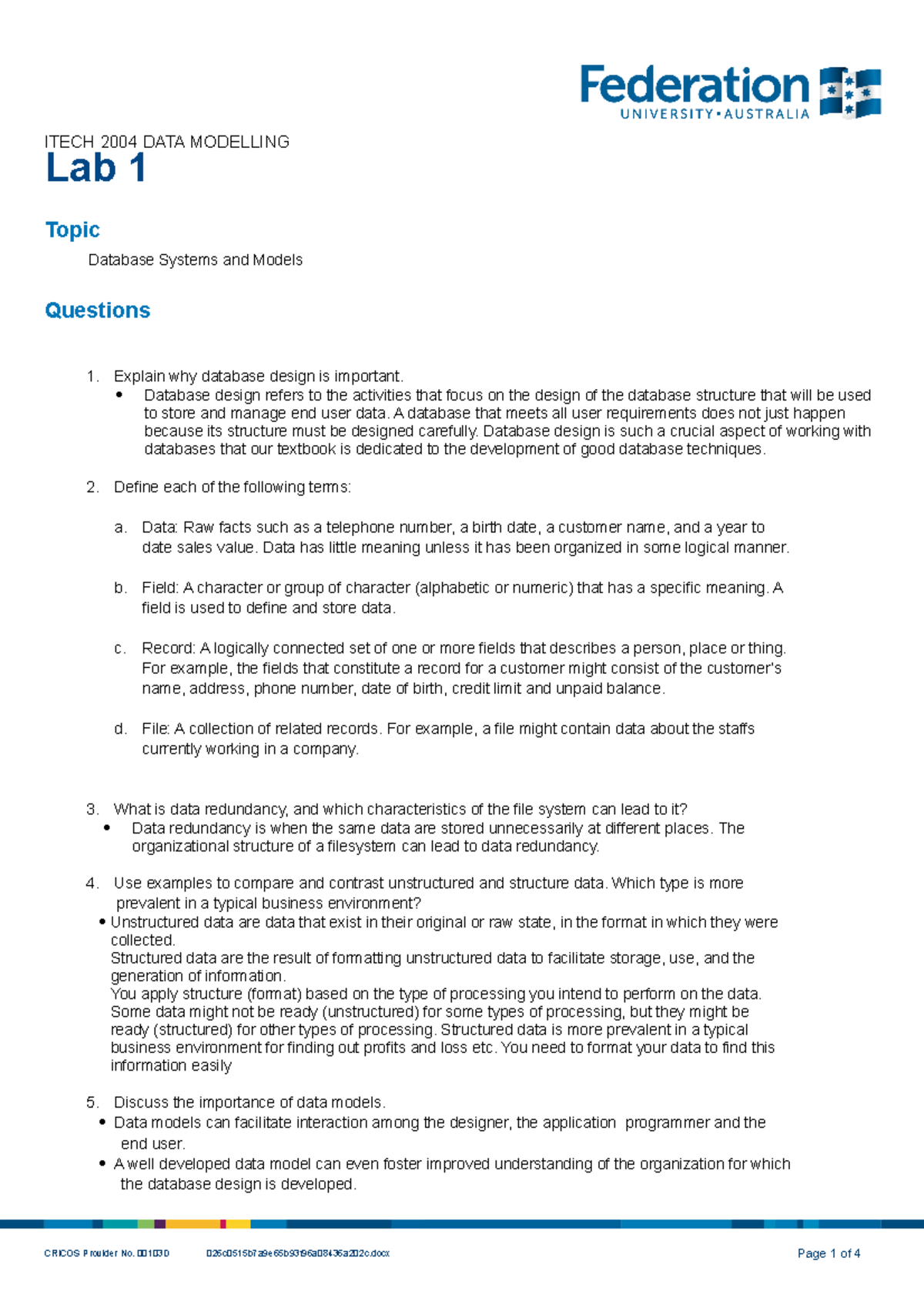 Itech 2004 01 30356718 Lab - ITECH 2004 DATA MODELLING Lab 1 Topic Database Systems and Models ...