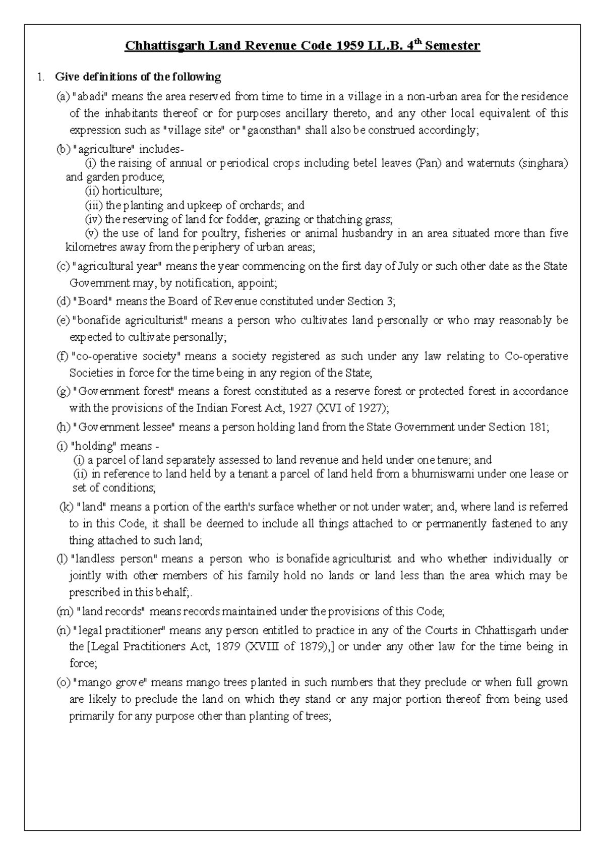LL.B. 4TH SEM CGLRC 1959: Overview of Chhattisgarh Land Revenue Code ...