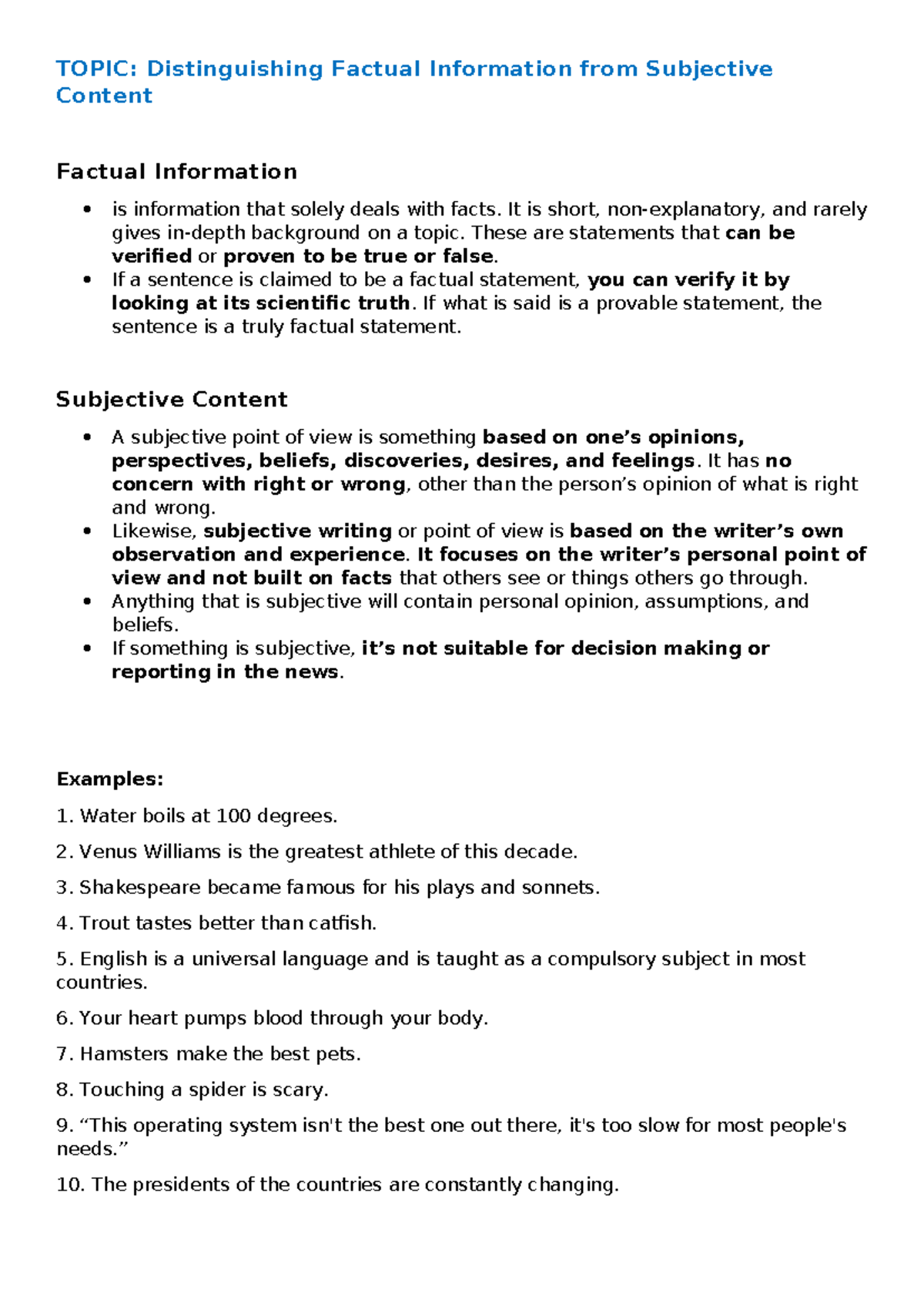 Distinguishing Factual vs. Subjective Content: Handouts - Studocu