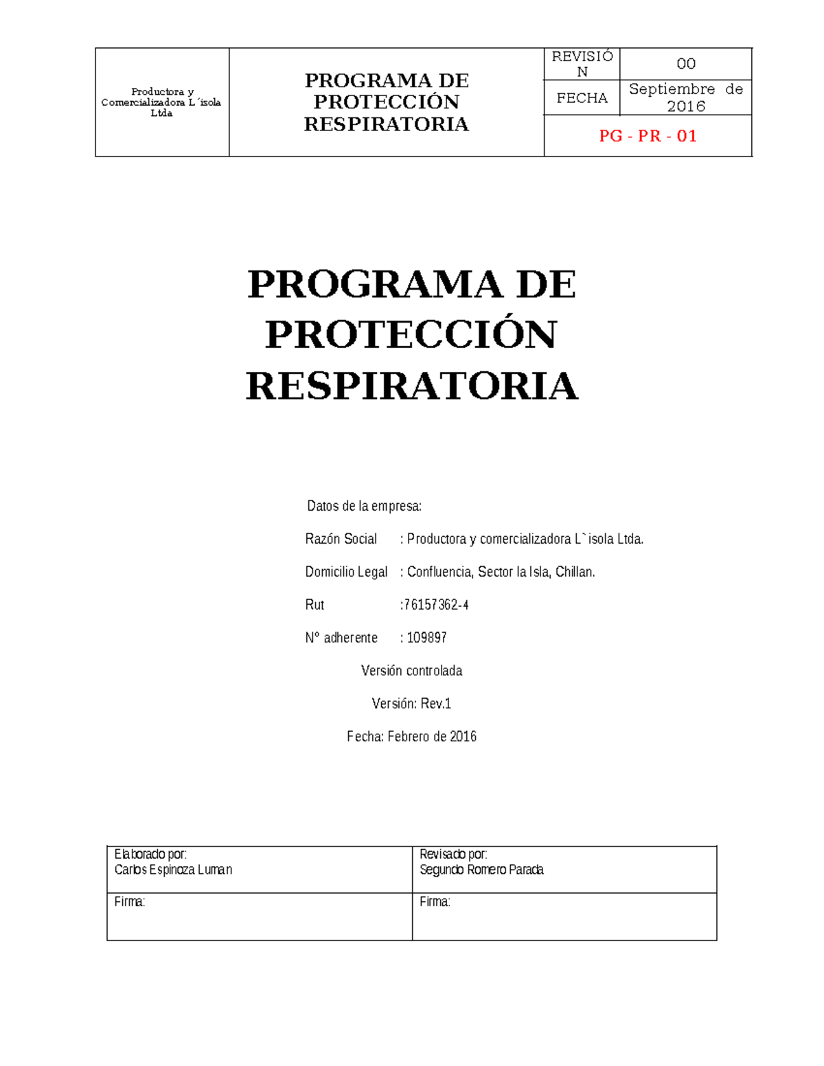 Programa de Protección Respiratoria PG PR 01 - Productora y ...