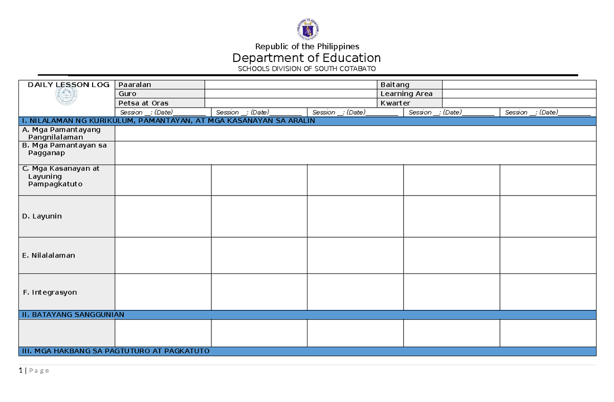 Daily Lesson Log (DLL) Template 2024 - Filipino - Studocu