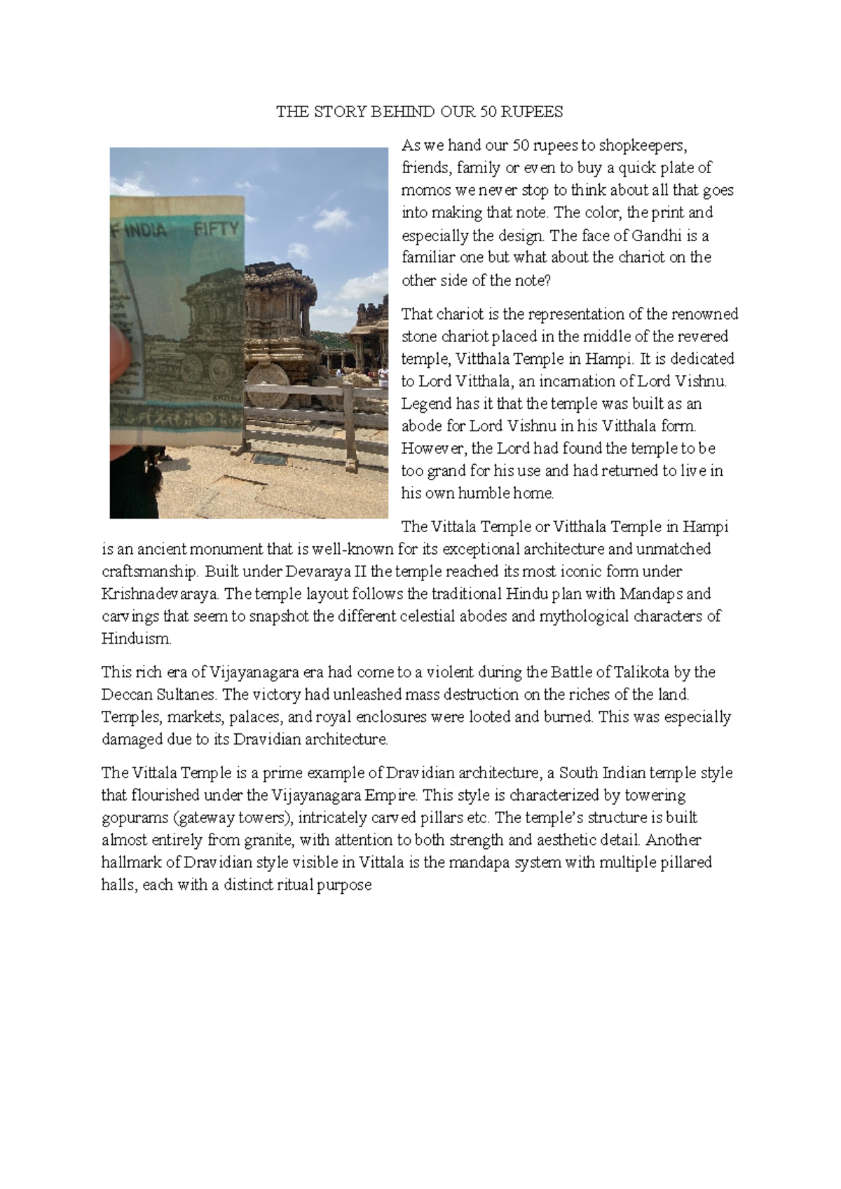 The Story Behind the ₹50 Note: Hampi's Vittala Temple Insights - Studocu