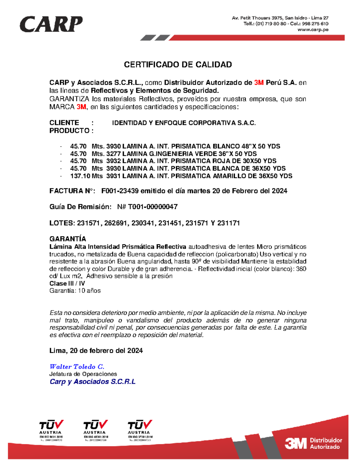 Certificado de Calidad de Laminas 3M - Distribución y Garantía - Studocu