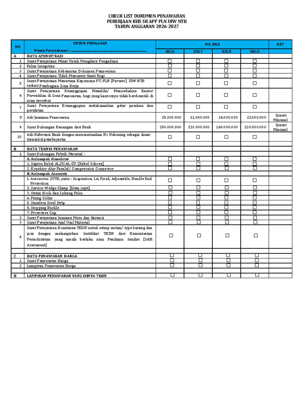 Check List Dokumen Penawaran KHS SR APP PLN UIW NTB 2026 - Studocu