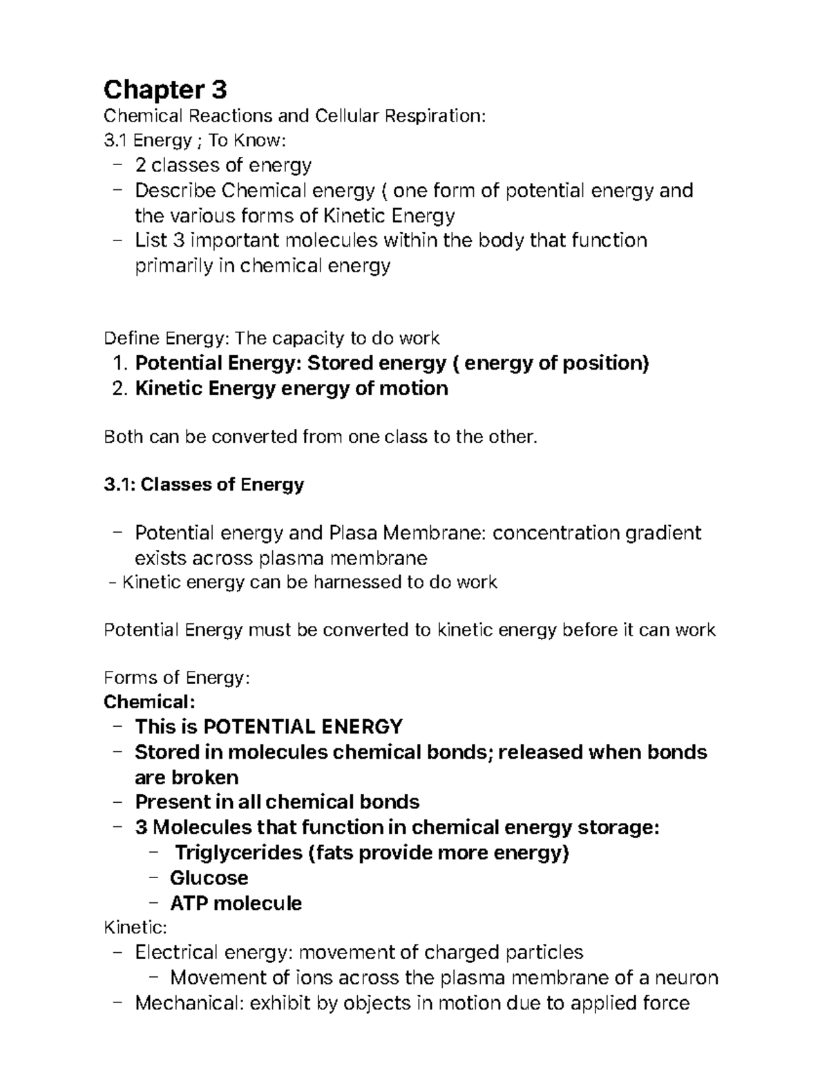Chapter 3: Chemical Reactions & Cellular Respiration Overview - Studocu