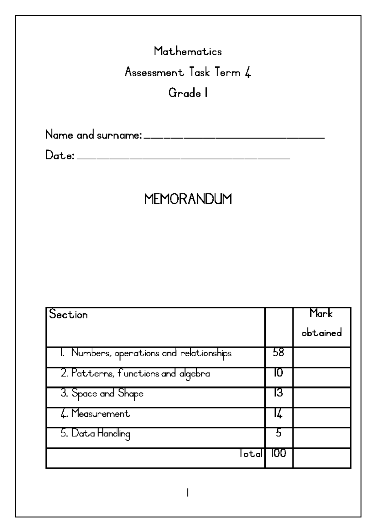 Assessment Task: Maths Grade 1 Term 4 Memorandum - Studocu