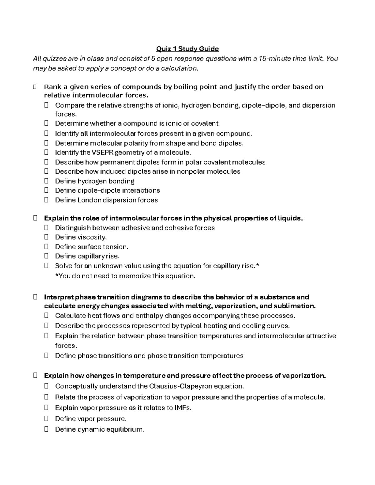 Quiz 1 Study Guide: Intermolecular Forces, Phase Changes & Solutions ...
